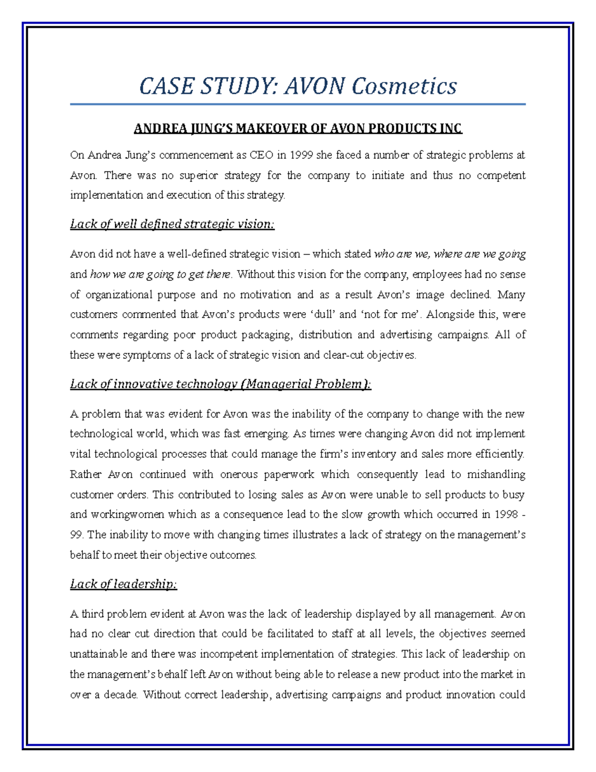 Case-Study-AVON - Informative material for course - CASE STUDY: AVON Cosmetics ANDREA JUNG’S ...