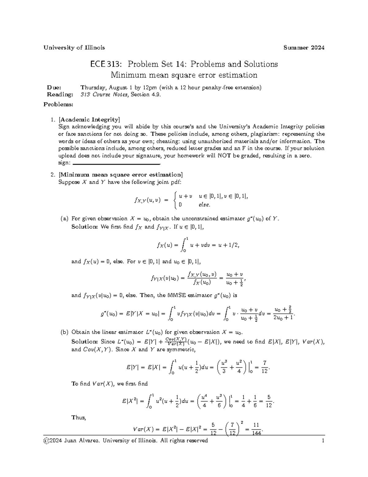 313 su24 hw14 sol - solutions - University of Illinois Summer 2024 ECE 313: Problem Set 14 ...