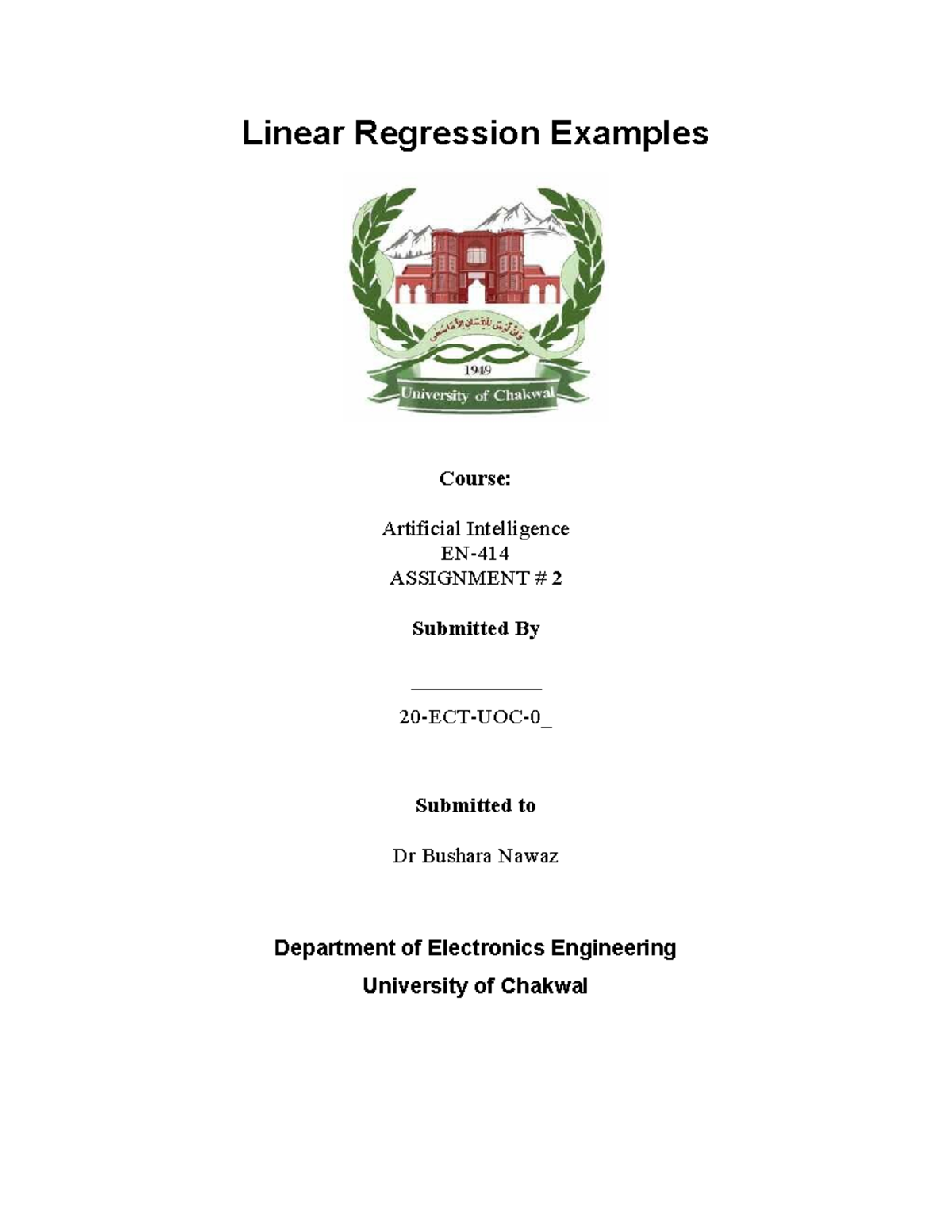 Assignment 2 AI - Linear Regression Examples Course: Artificial ...