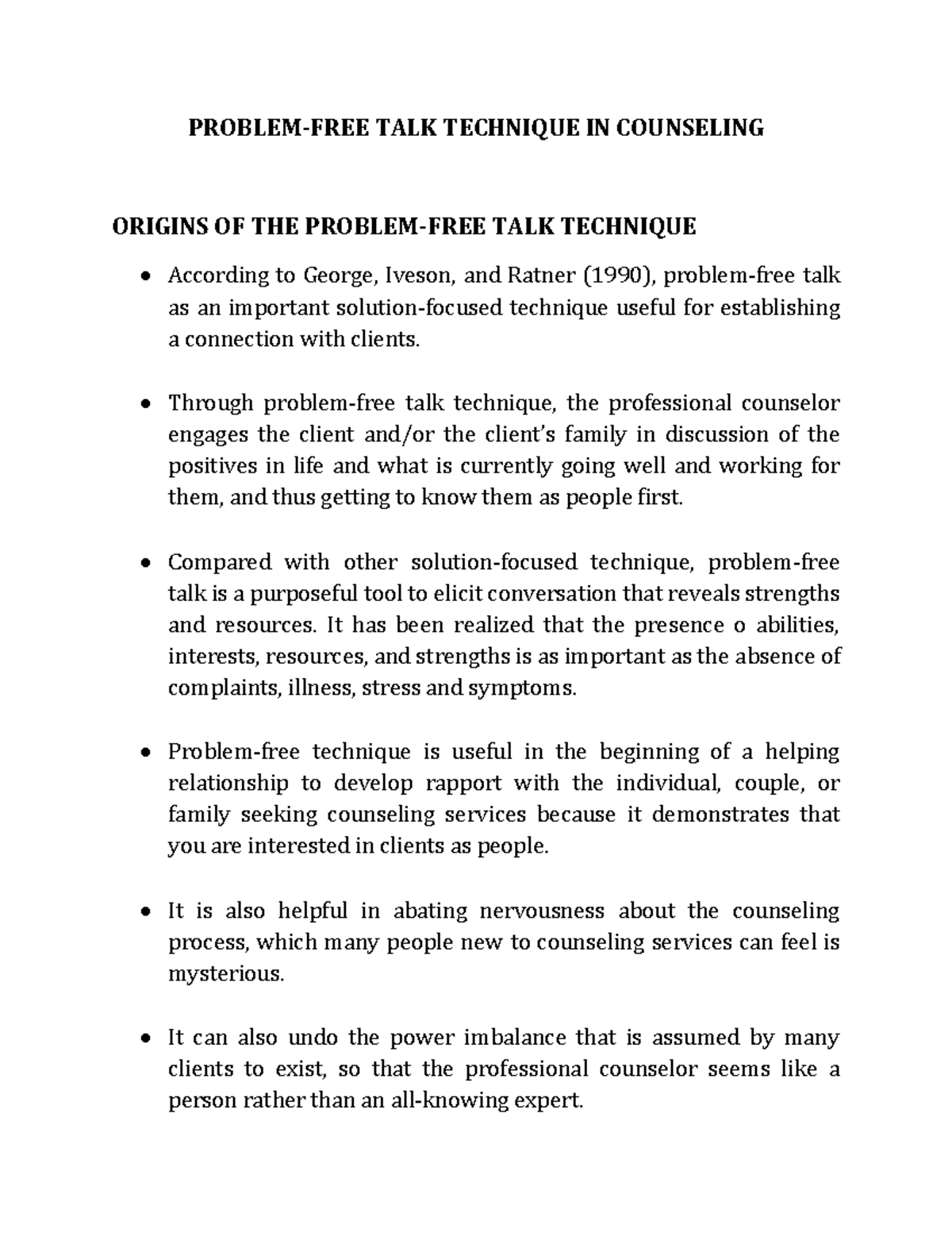 Problem-Free Talk Technique in Counseling - PROBLEM-FREE TALK TECHNIQUE ...