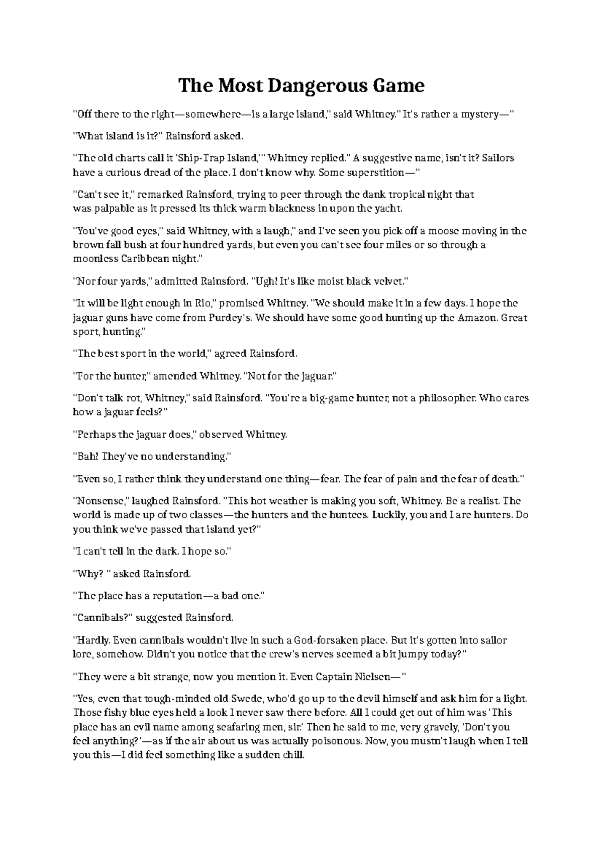 The Most Dangerous Game - Reading Activity - The Most Dangerous Game ...