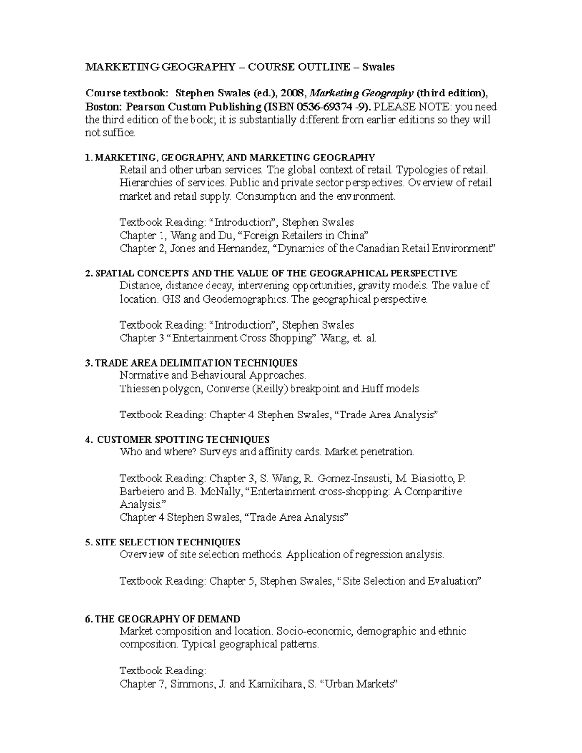 252 course outline - MARKETING GEOGRAPHY – COURSE OUTLINE – Swales ...