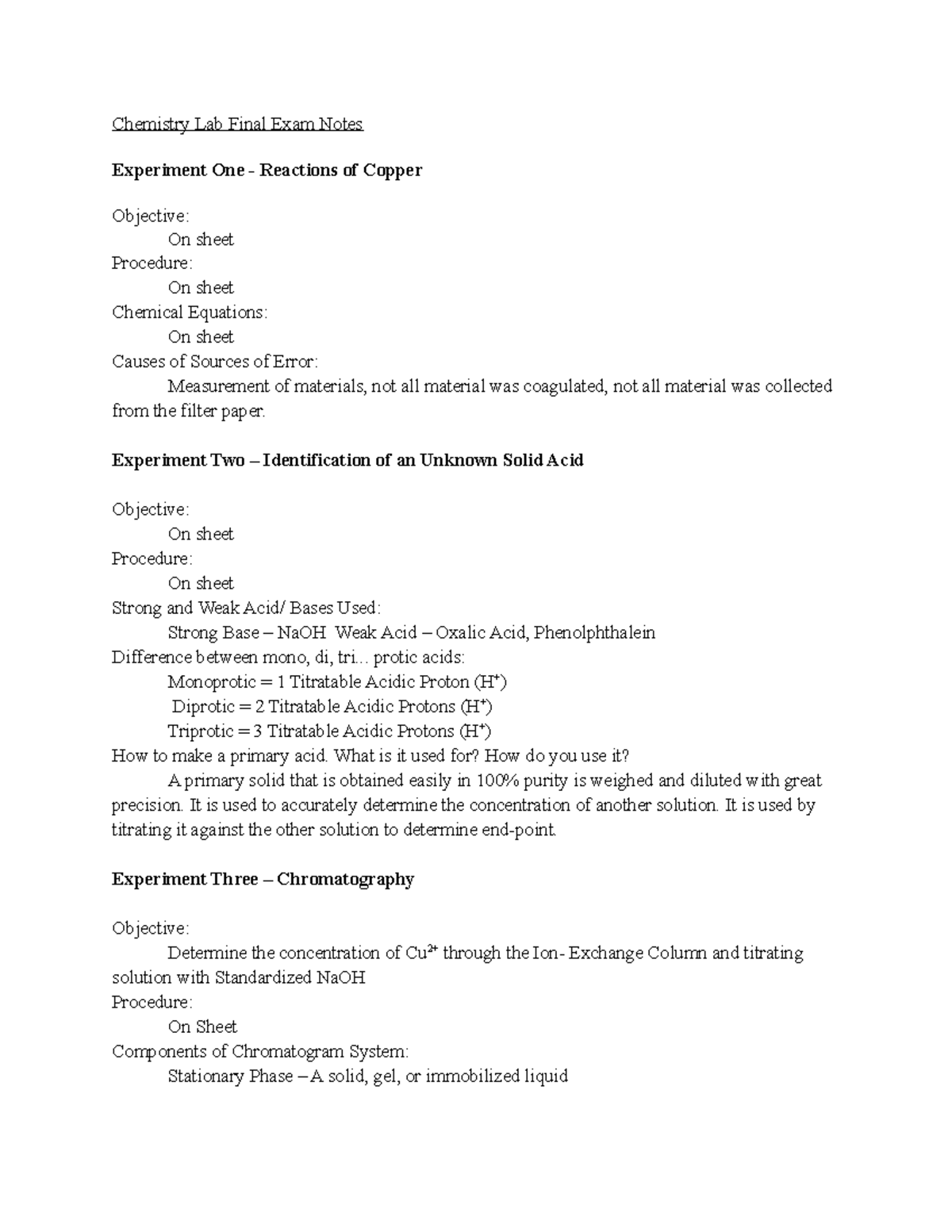 Chem120 Lab Final Notes - Chemistry Lab Final Exam Notes Experiment One ...