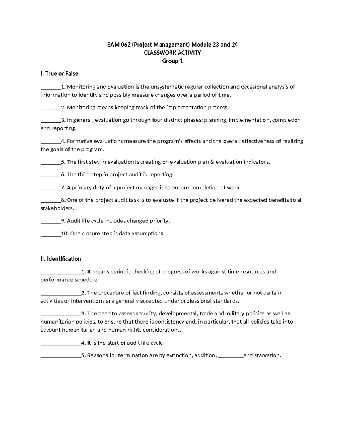 BAM 062 Module 23 and 24 Classwork Activity - BAM 062 (Project ...