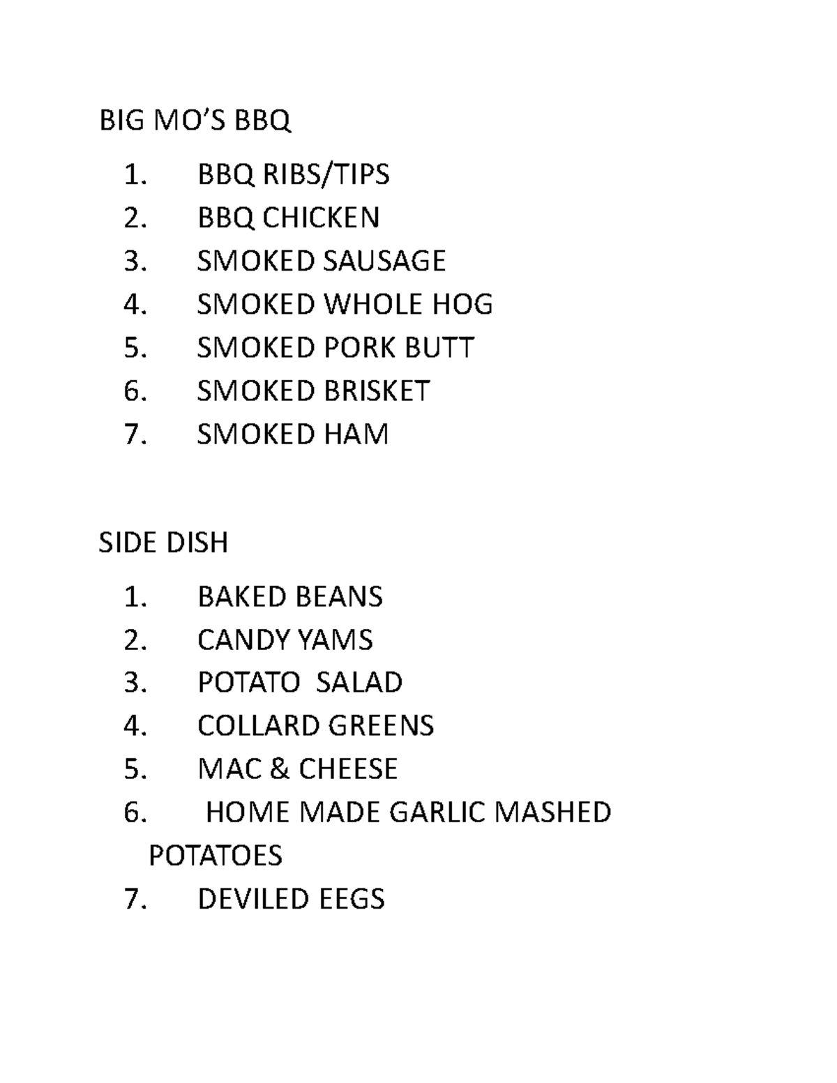 Document 1 - culinary arts notes - BIG MO’S BBQ 1. BBQ RIBS/TIPS 2. BBQ ...