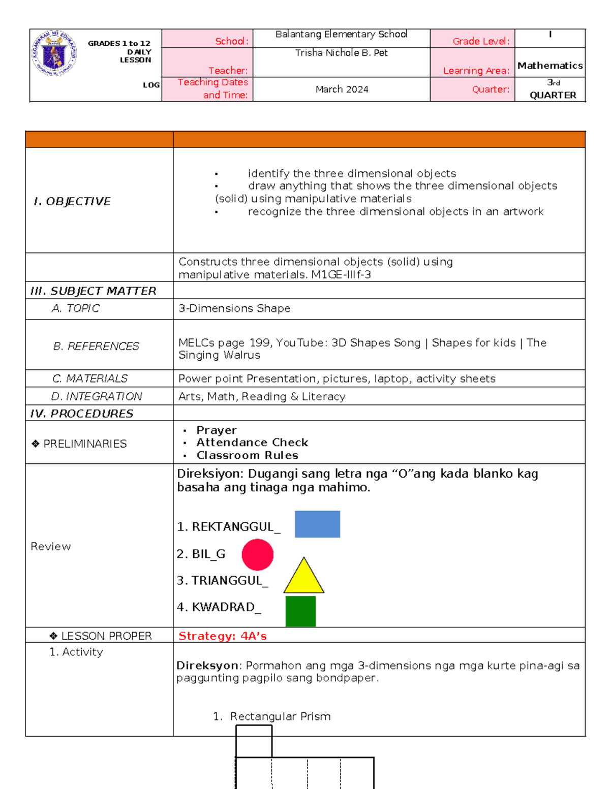 Math LP-3-12-24 - GRADES 1 to 12 DAILY LESSON LOG School: Balantang ...