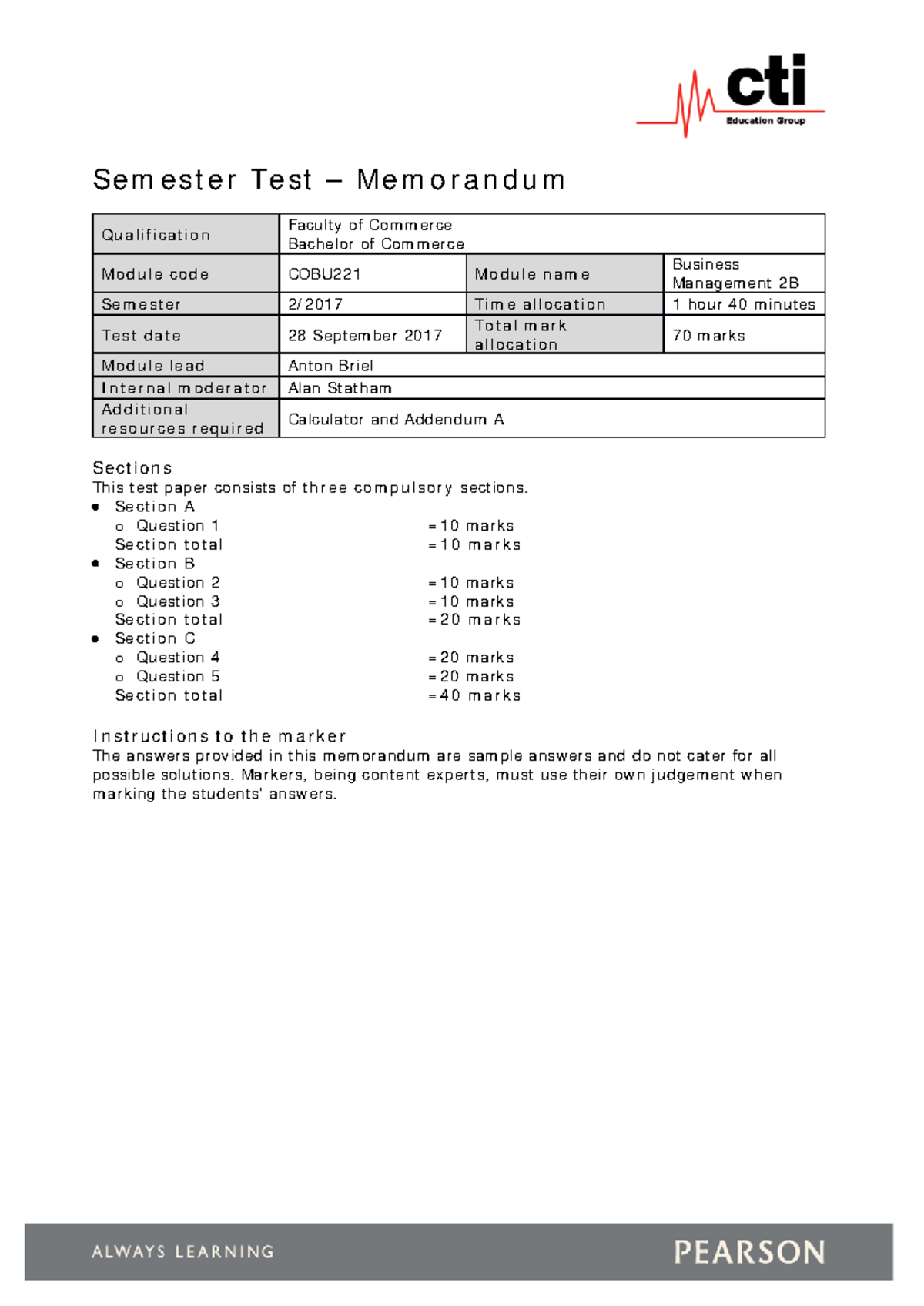 2017 COBU221 - Semester Test - Memorandum (V1 - Semester Test ...