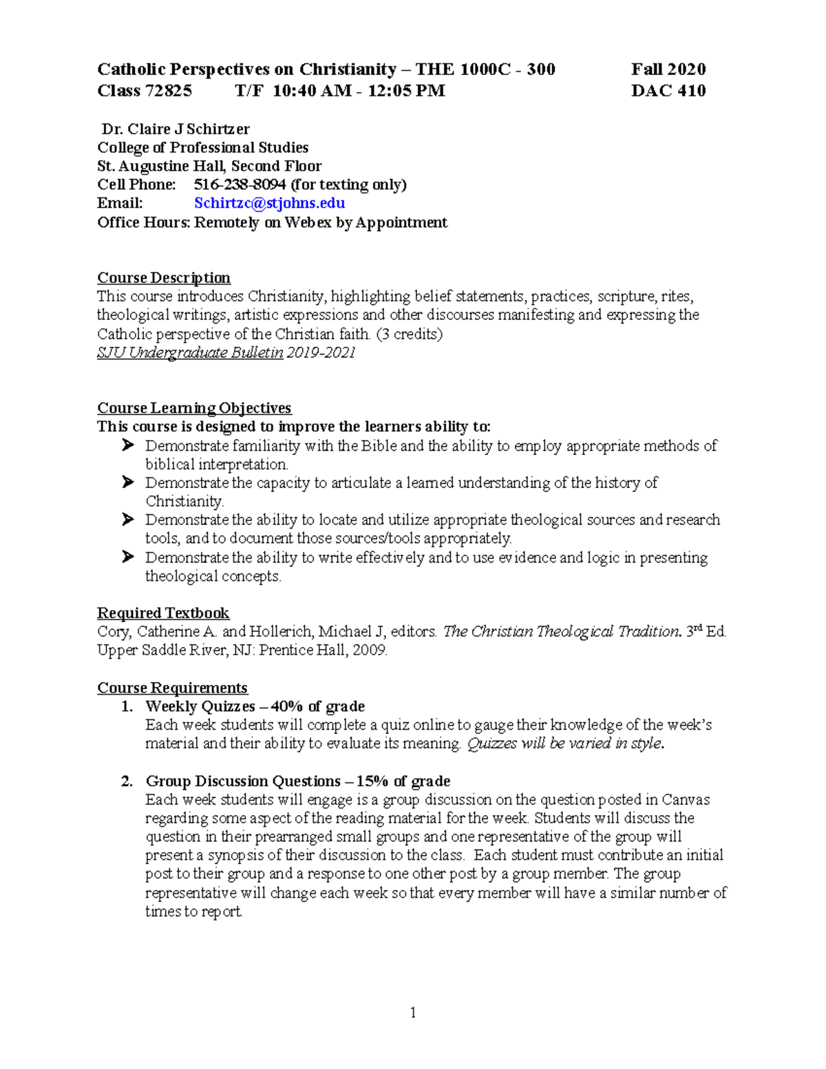 Catholic Perspectives on Christianity - Syllabus Fall 2020 - Catholic ...