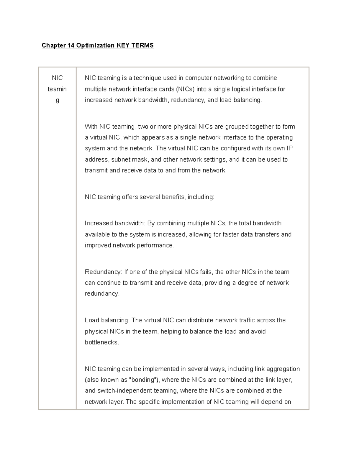Chapter 14 Optimization KEY Terms - Chapter 14 Optimization KEY TERMS NIC teamin g NIC teaming ...
