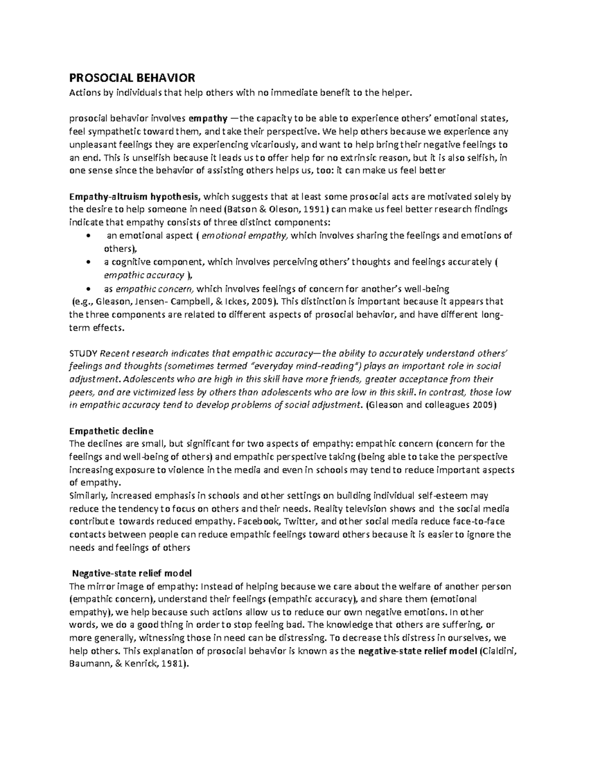 Prosocial Behavior - notes - PROSOCIAL BEHAVIOR Actions by individuals ...