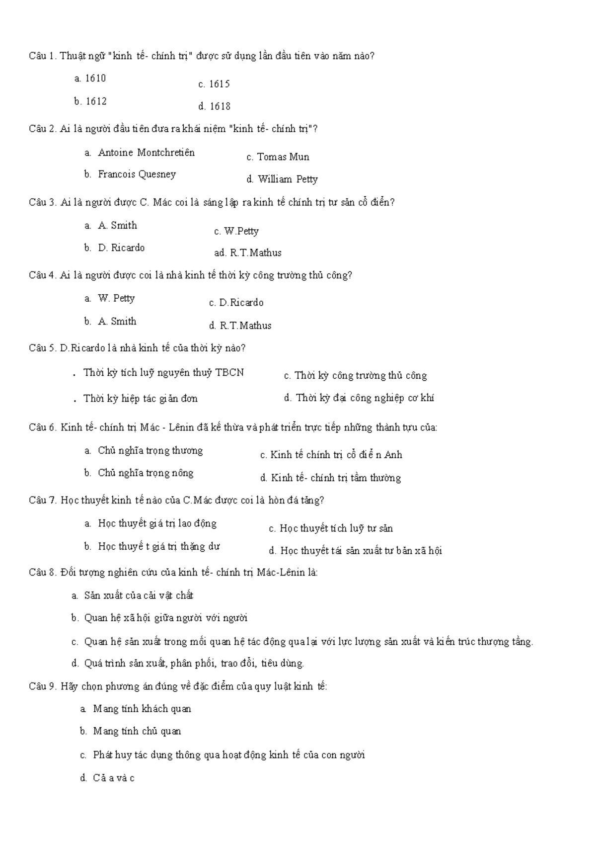 Kinh t chinh tr 689 cau trc nghim co - Câu 1. Thuật ngữ "kinh tế- chính ...