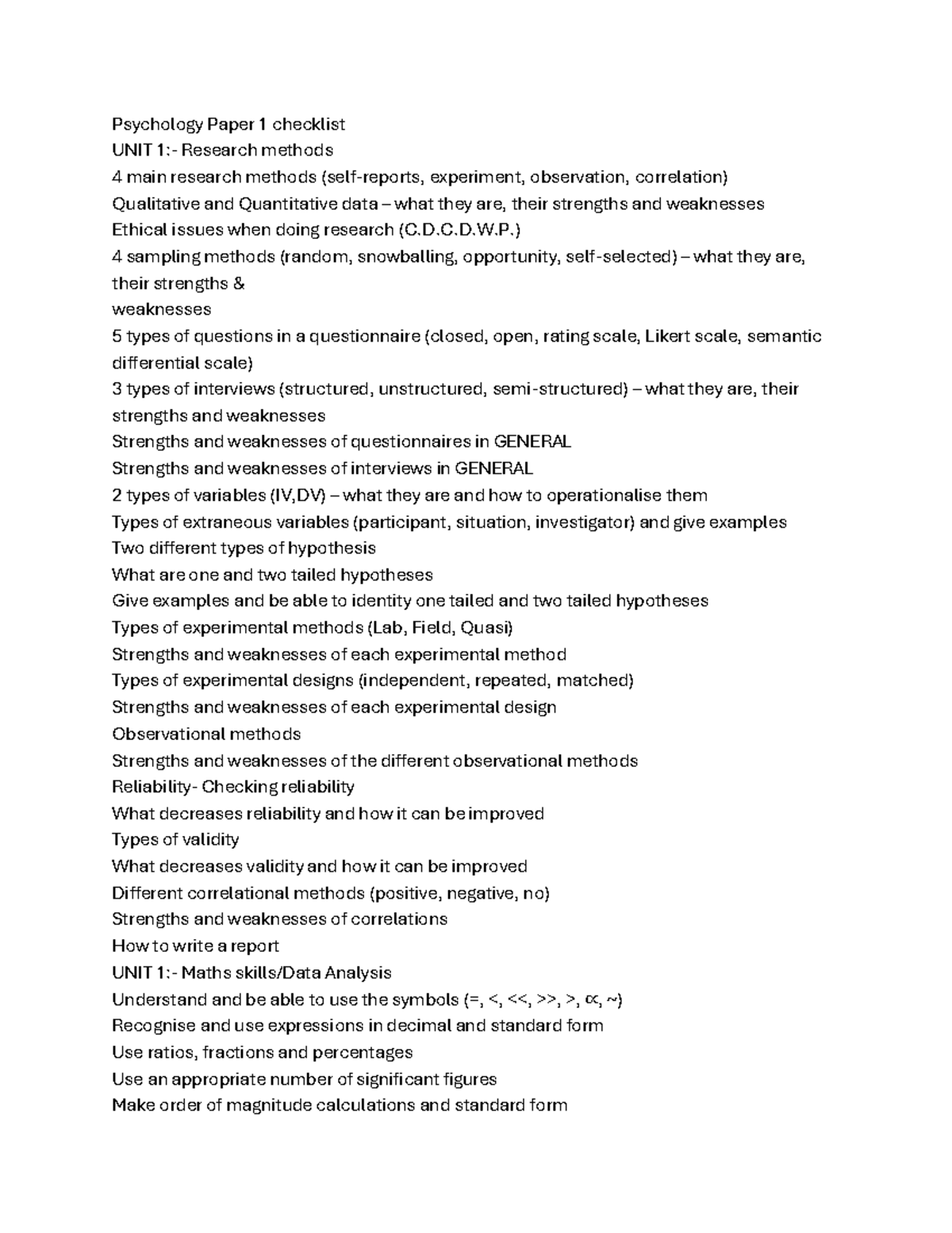 psychology paper 1 checklist - Psychology Paper 1 checklist UNIT 1 ...