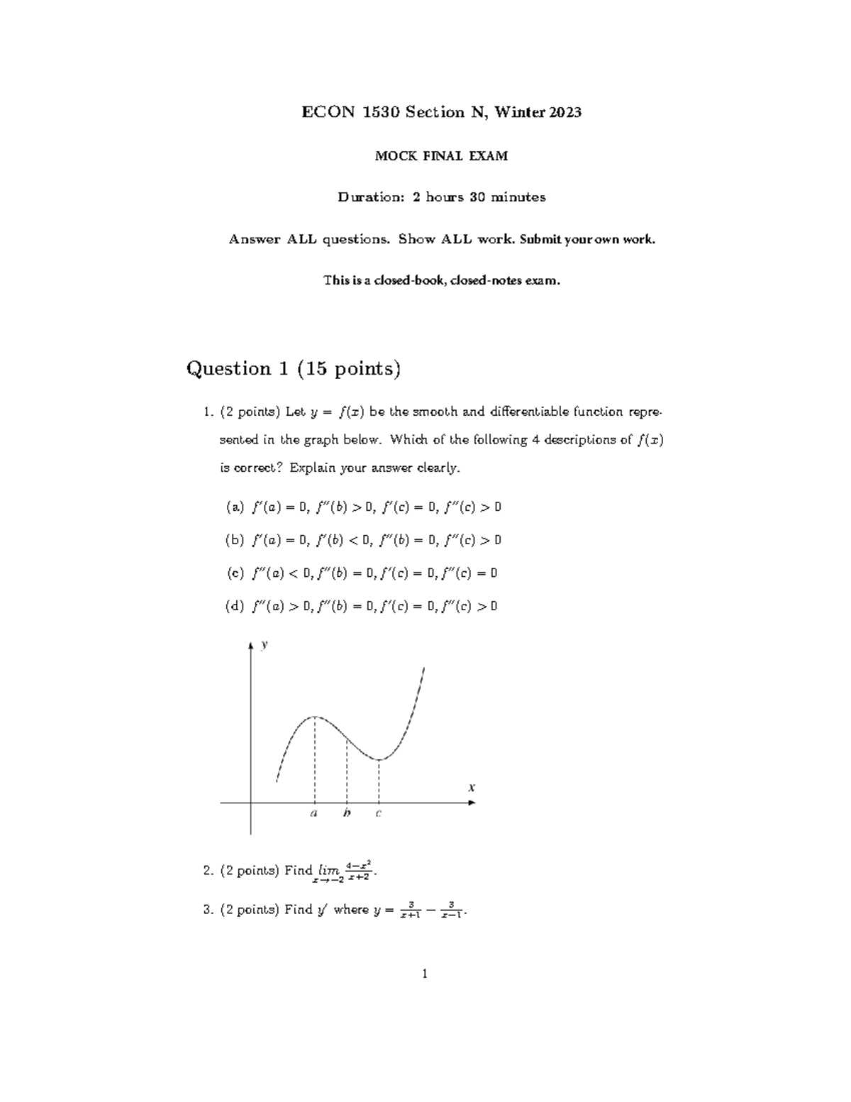 Mock Final Exam 3 updated - ECON 1530 Section N, Winter 2023 MOCK FINAL ...