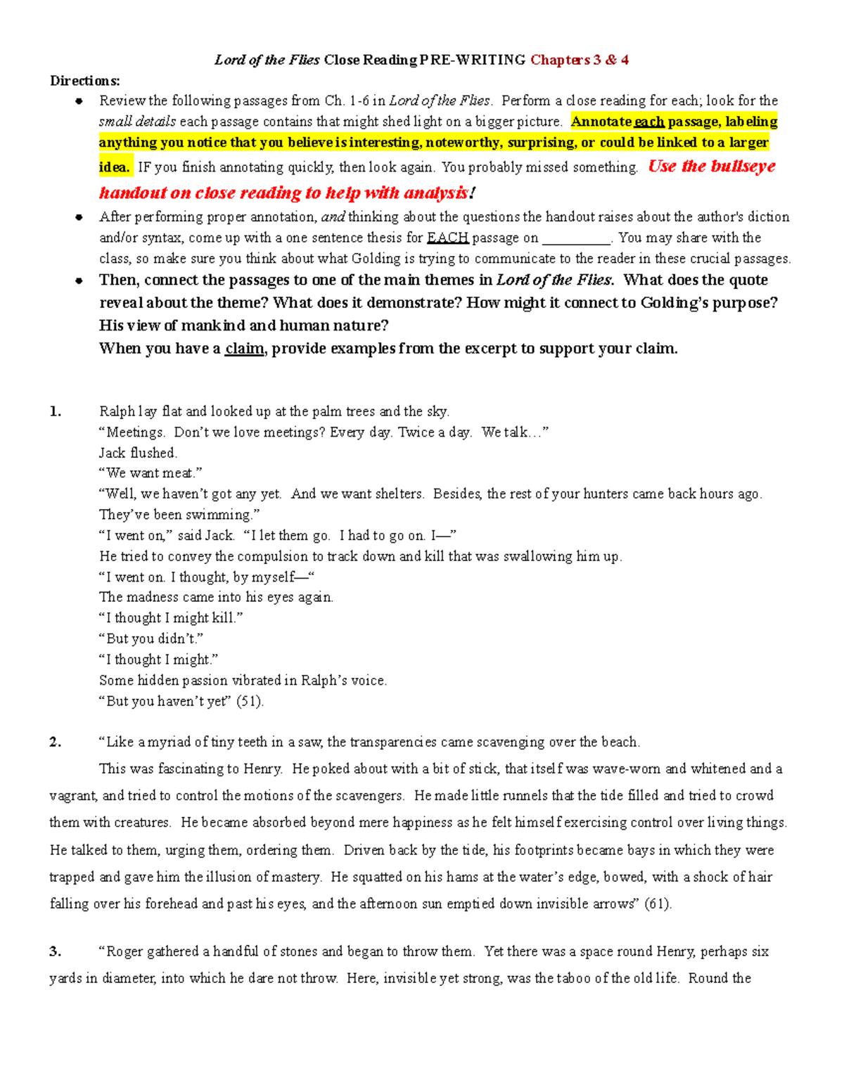 2021 LOF Ch 3 and 4 Close Reading 1 Passages - Lord of the Flies Close ...