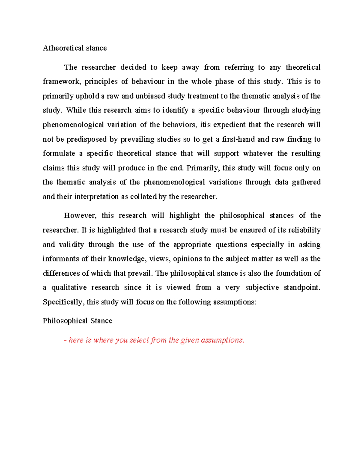 Atheoretical-stance-sample - Atheoretical stance The researcher decided ...