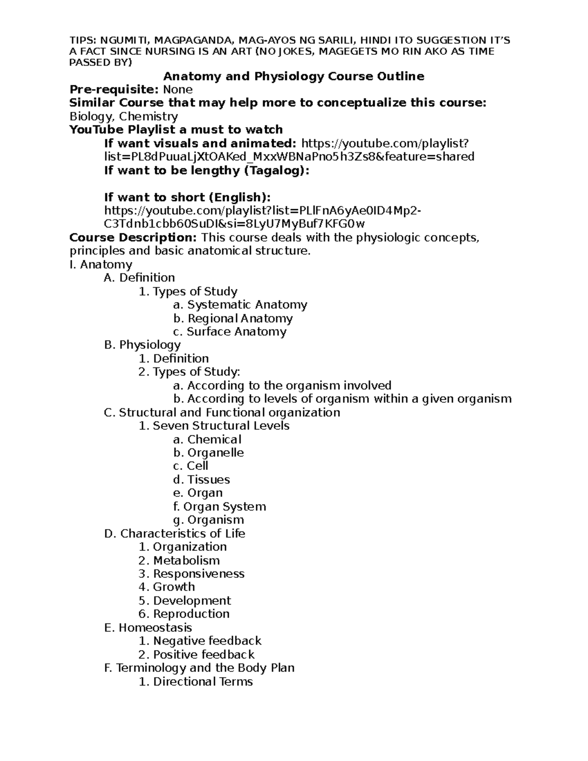 Anatomy and Physiology Course Outline - A FACT SINCE NURSING IS AN ART ...