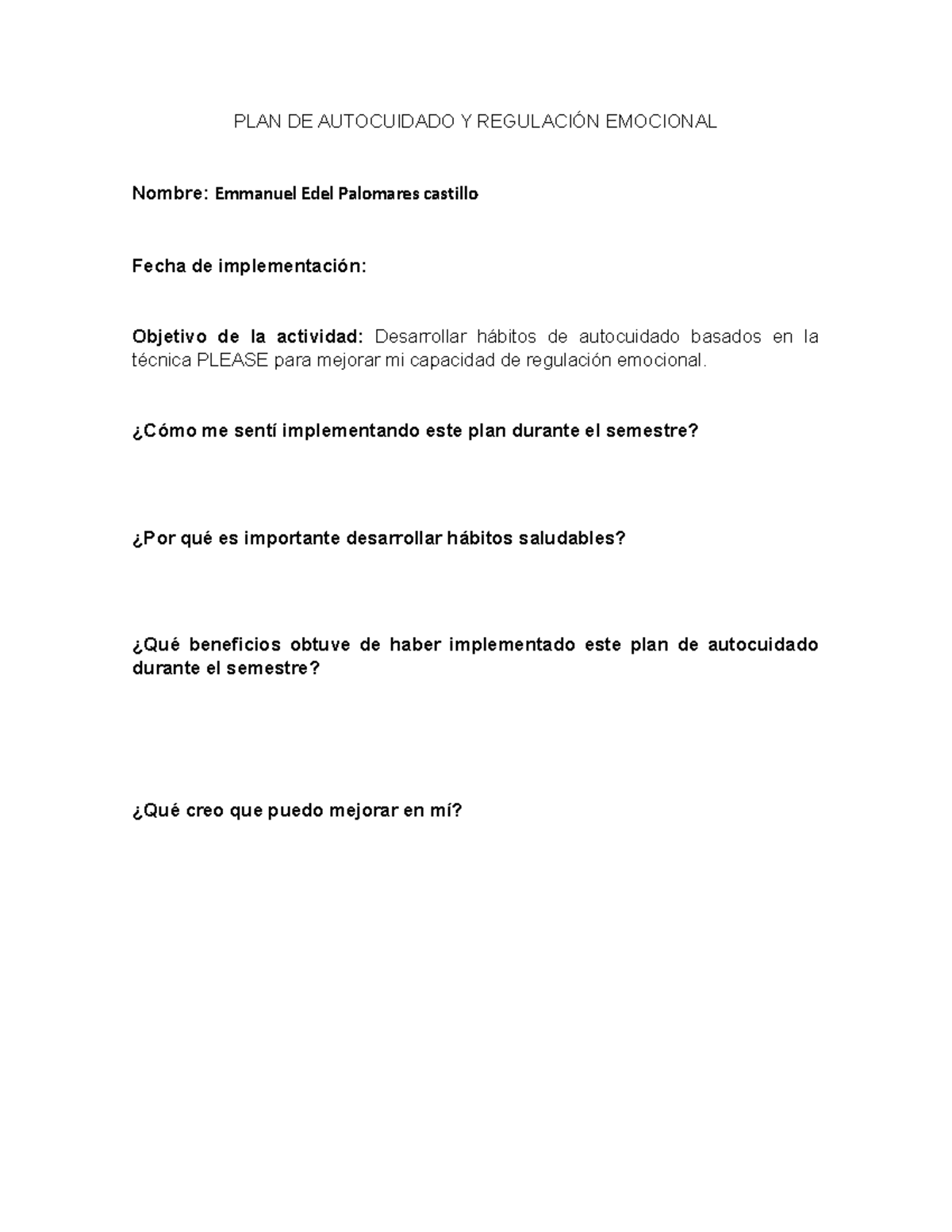 PLAN DE Autocuidado Y Regulación Emocional - PLAN DE AUTOCUIDADO Y ...