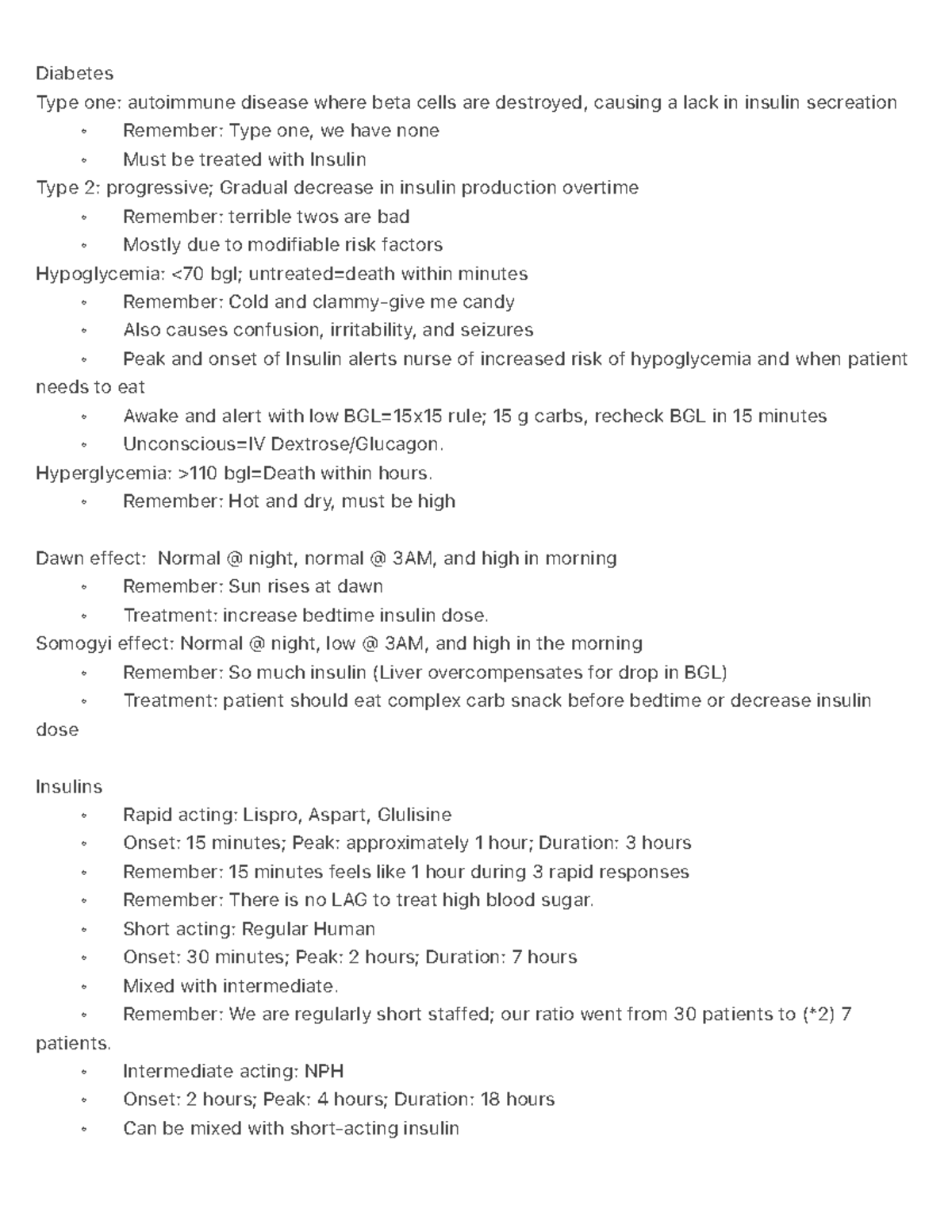 Diabetes review-Med surg notes - Diabetes Type one: autoimmune disease ...