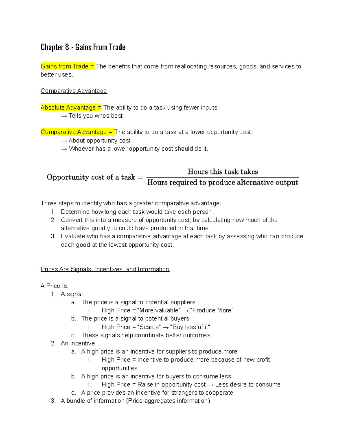 Econ 101 Notes - Chapter 8 - Gains From Trade Gains from Trade = The ...