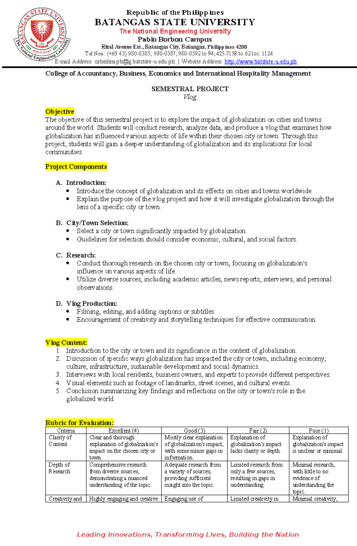GED-104 Semestral- Project - Republic of the Philippines BATANGAS STATE ...