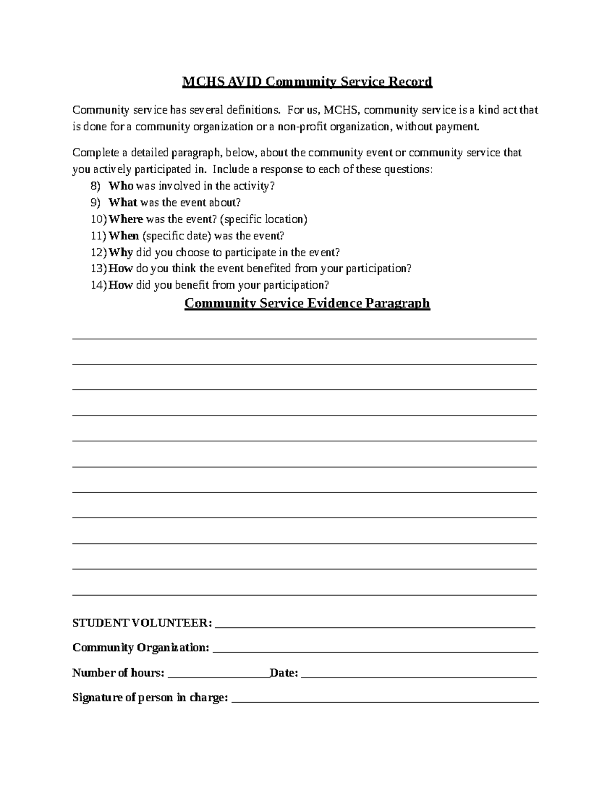 MCHS AVID Community Service Record - Google Docs - MCHS AVID Community ...