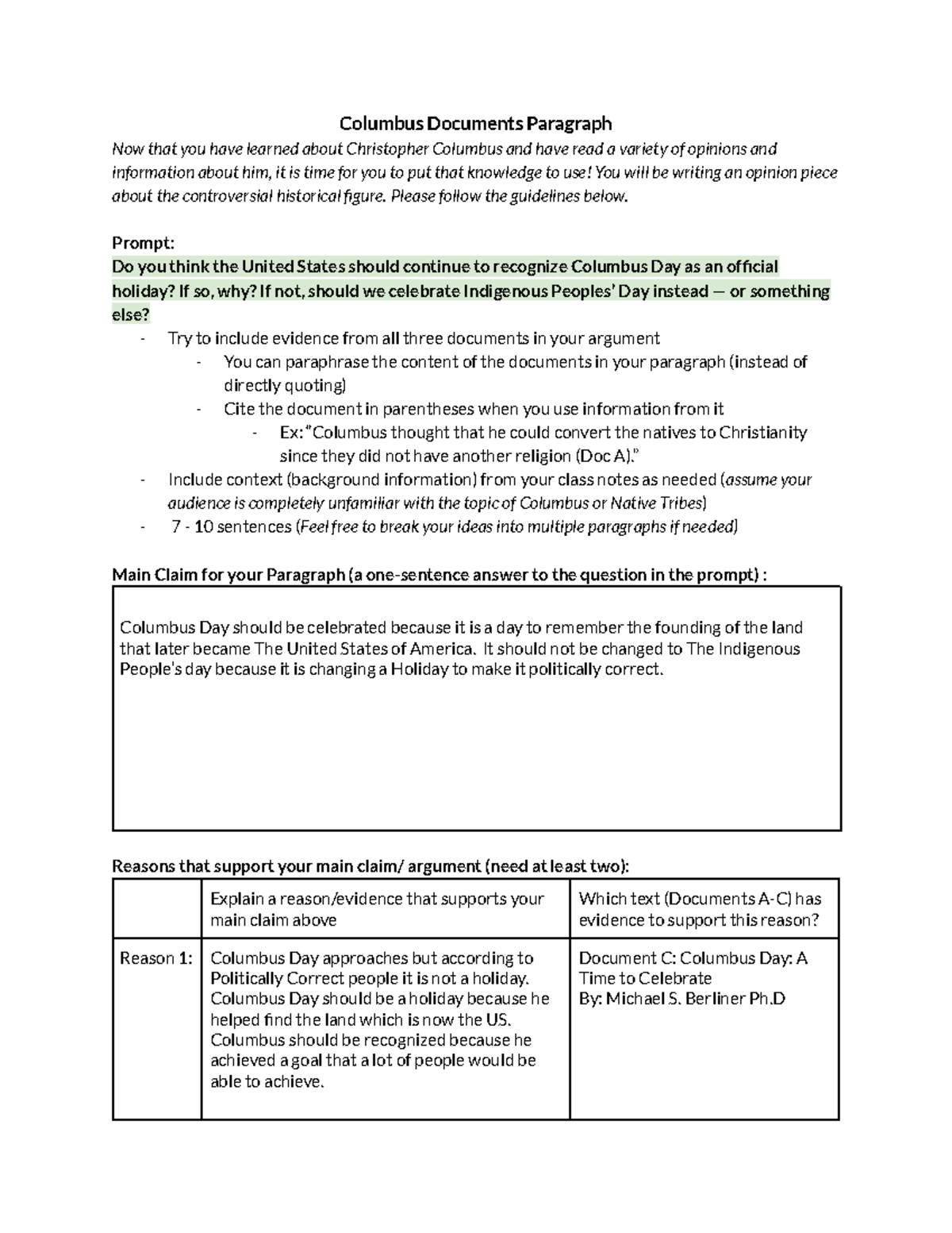 Copy of Columbus Documents Argumentative Paragraph - Columbus Documents ...