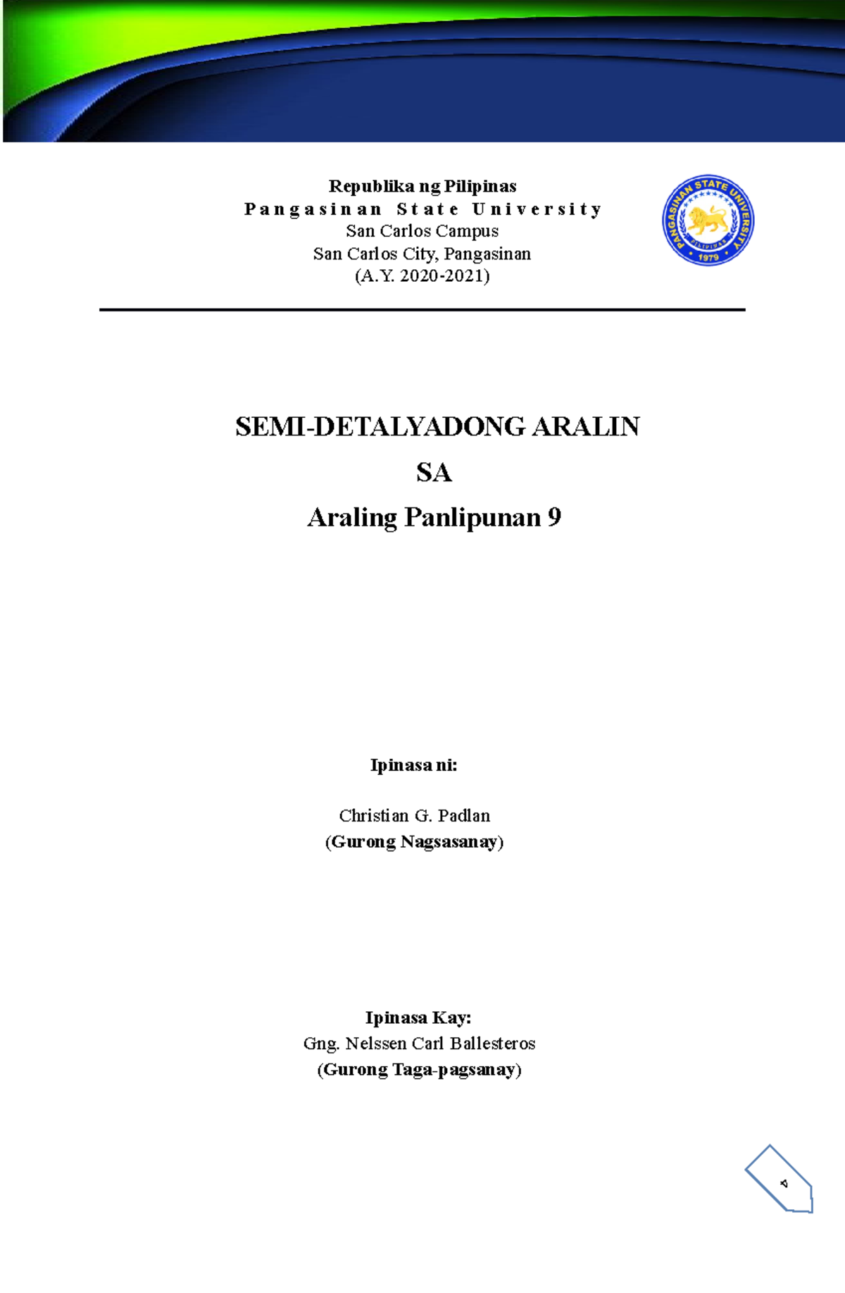 Padlan Christian G - vshs - Republika ng Pilipinas P a n g a s i n a n ...