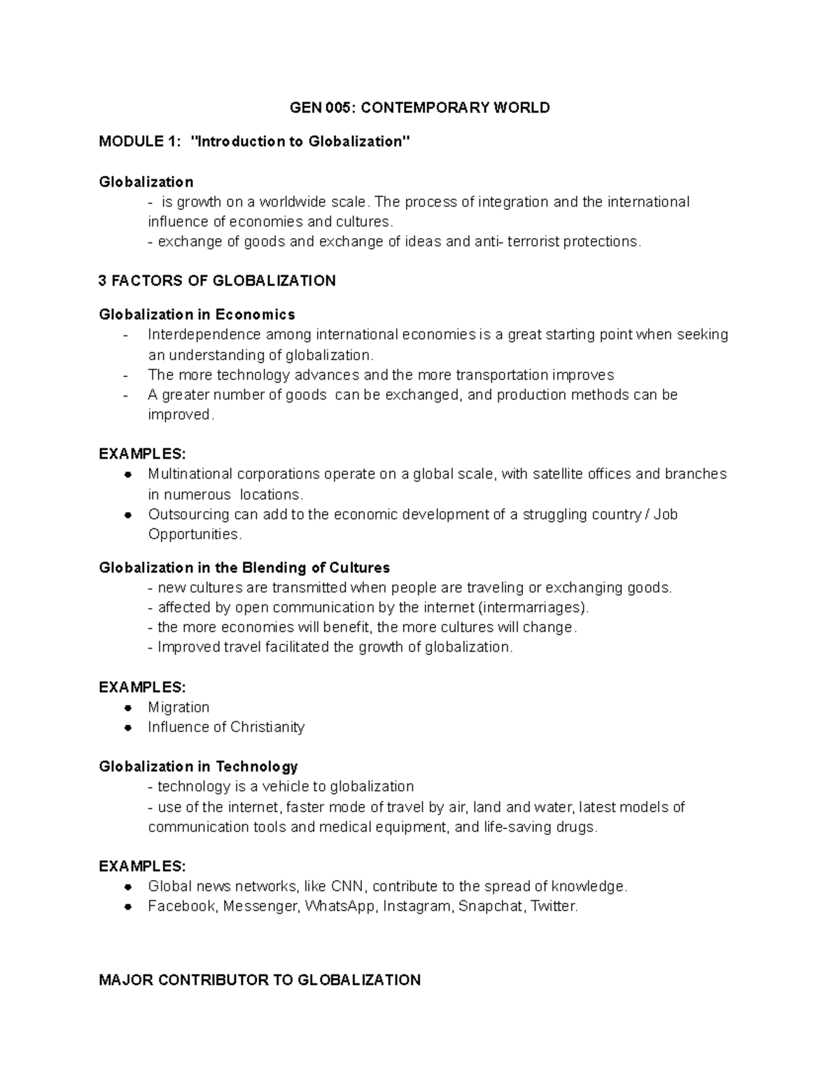 GEN 005 Exam Reviewer - goodluck - GEN 005: CONTEMPORARY WORLD MODULE 1: "Introduction to - Studocu