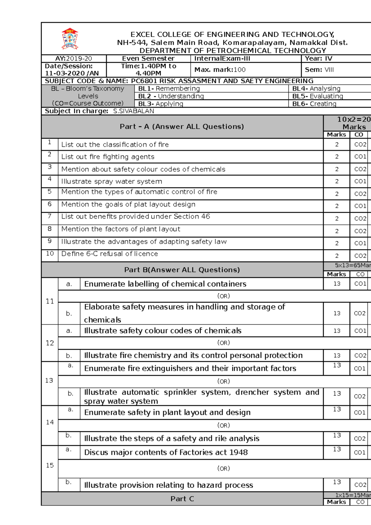 IAE Question Paper Model EXAM - EXCEL COLLEGE OF ENGINEERING AND ...