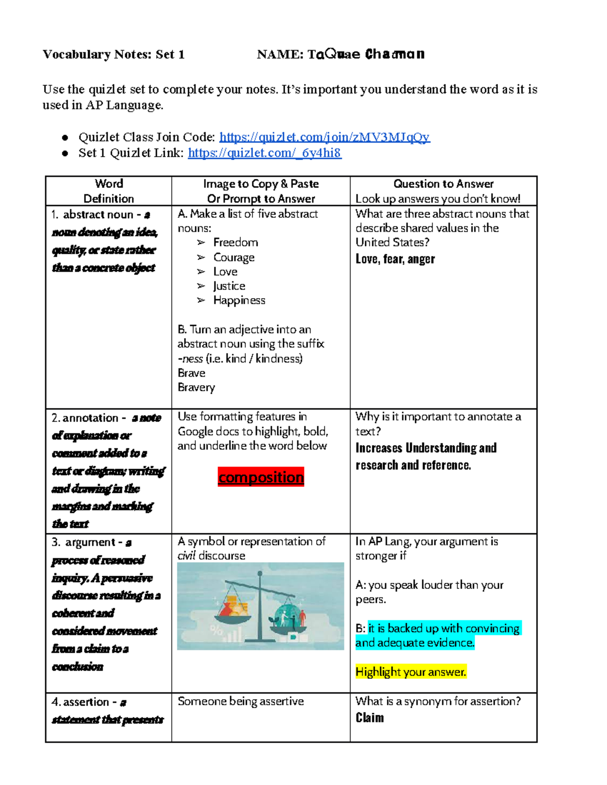 Copy of AP Lang Vocab Notes - Set 1 - Vocabulary Notes: Set 1 NAME ...