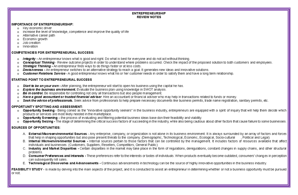 Entrep Review- Notes - Summary BSBA major in Financial Management ...