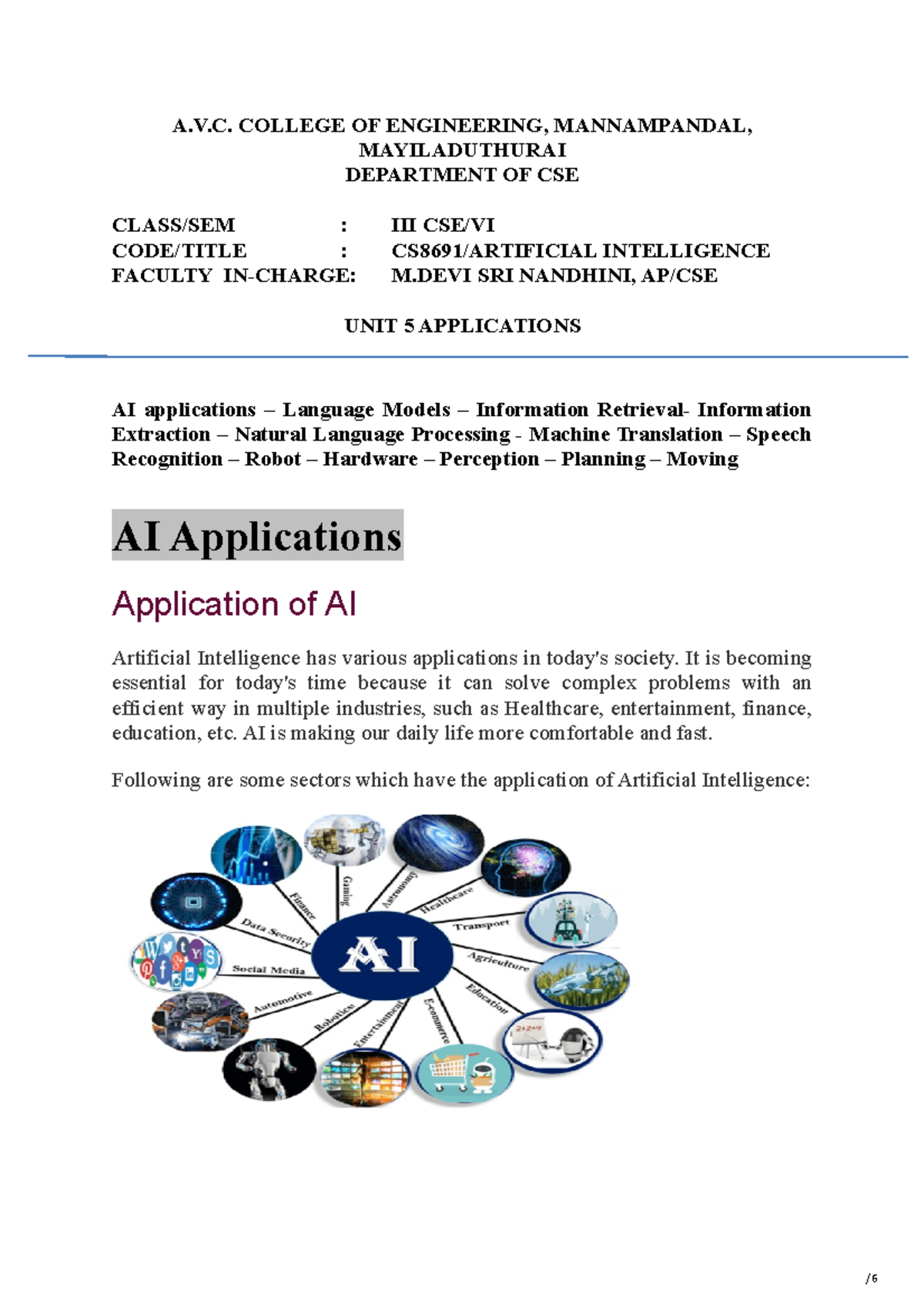 Ai Unit5 Material Lecture Notes A College Of Engineering Mannampandal Mayiladuthurai 7515