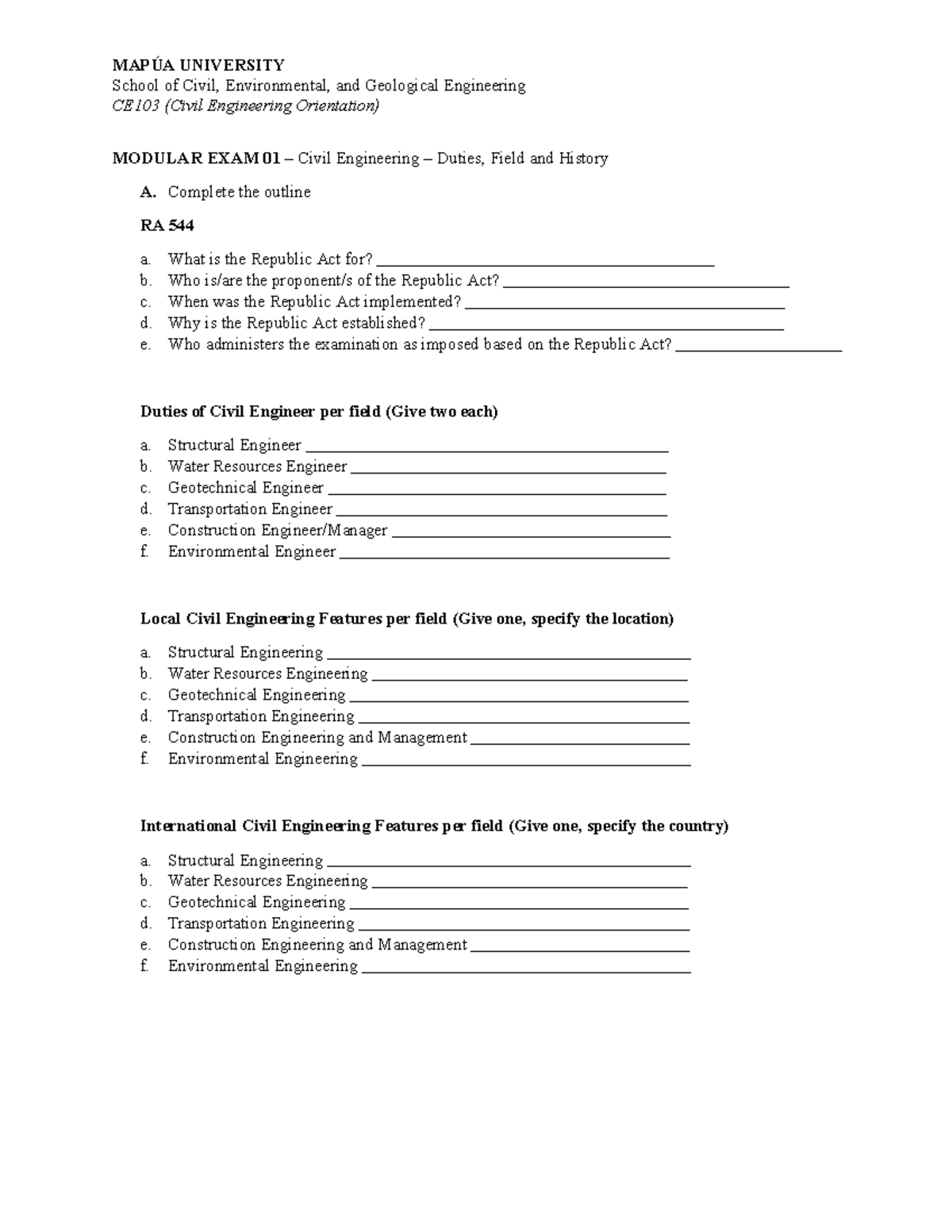 CE103 - Modular EXAM 01 - ME01 - MAPÚA UNIVERSITY School of Civil ...