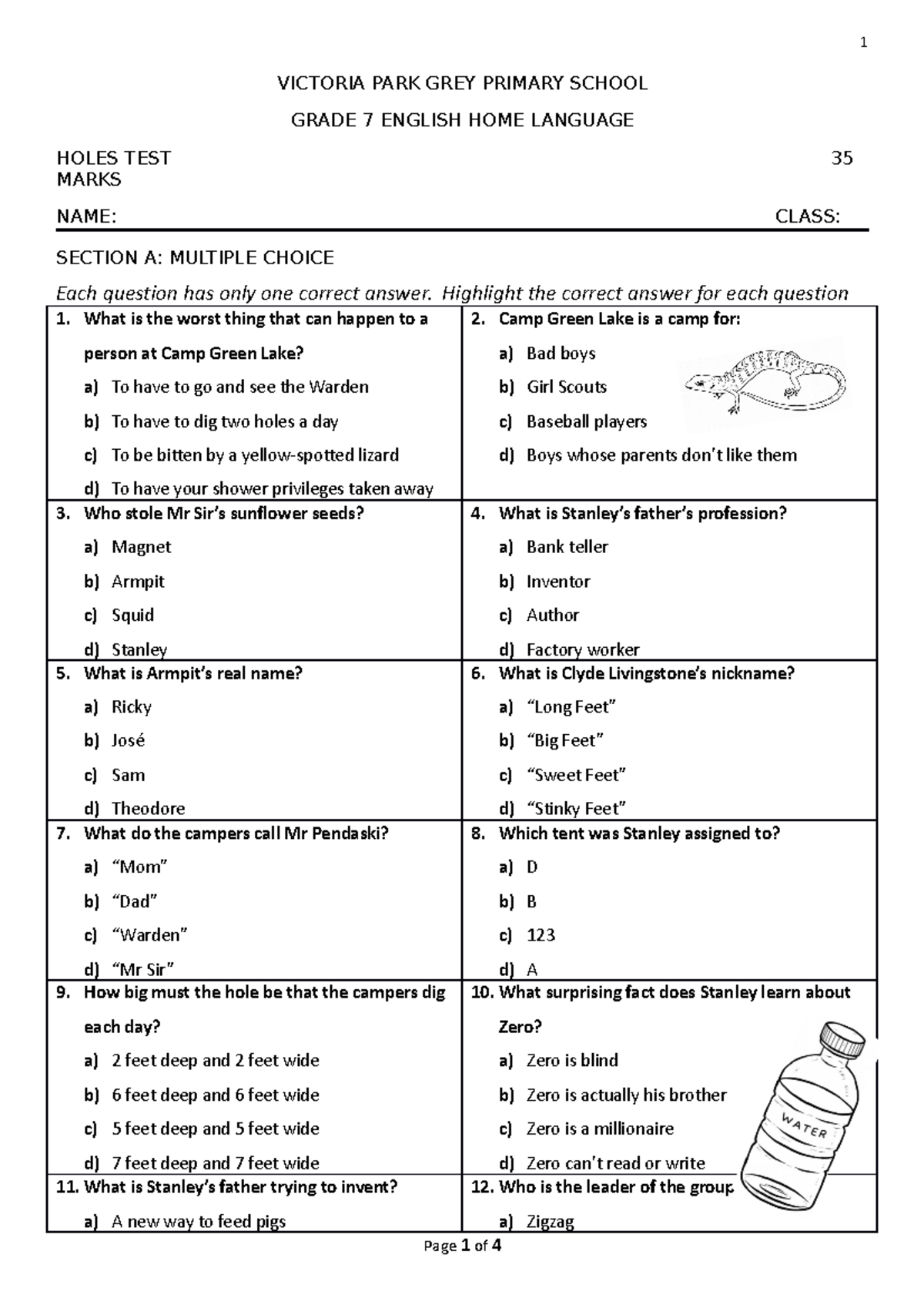 Holes Term Two Test - VICTORIA PARK GREY PRIMARY SCHOOL GRADE 7 ENGLISH ...