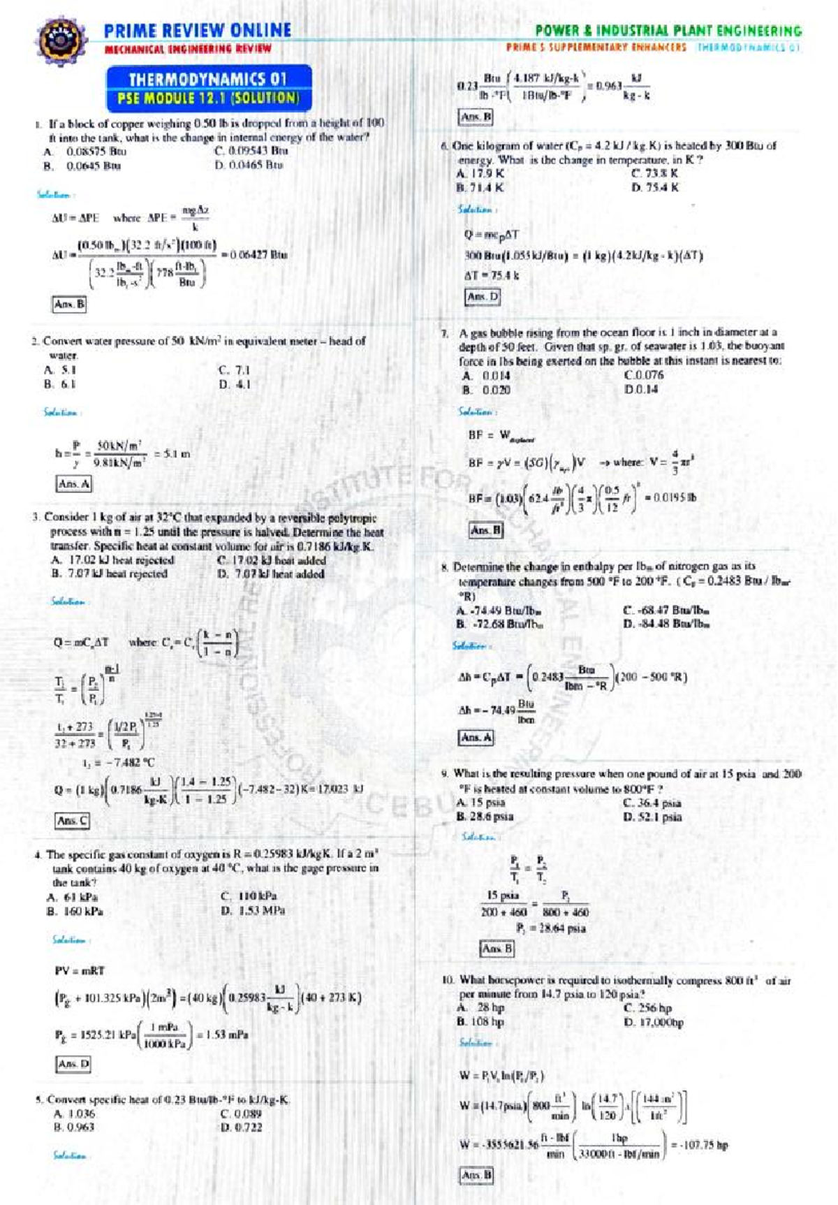 121-thermodynamics-01-solutions compress - PRIME REVIEW ONLINE MECHANICAL ENGINEERING REVIEW ...
