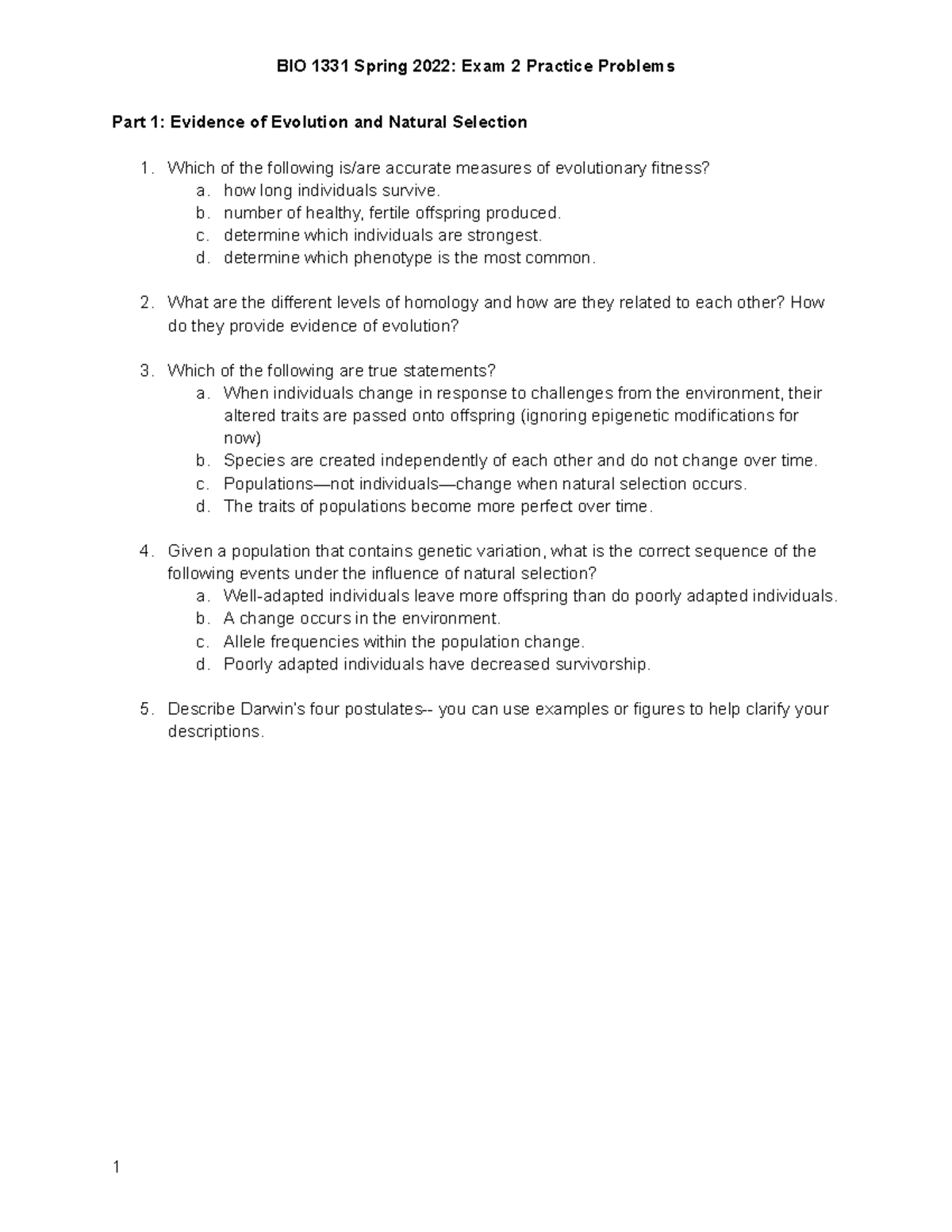 BIO 1331 SP 22 Exam 2 Practice - Part 1: Evidence of Evolution and ...