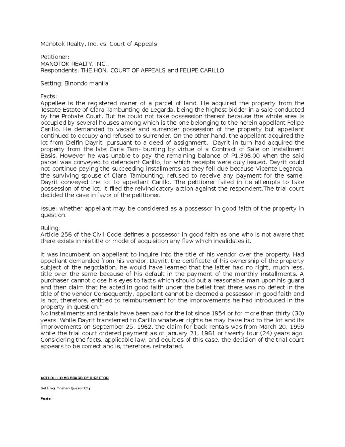 Manotok Realty - vs. Court of Appeals Petitioner: MANOTOK REALTY, INC ...