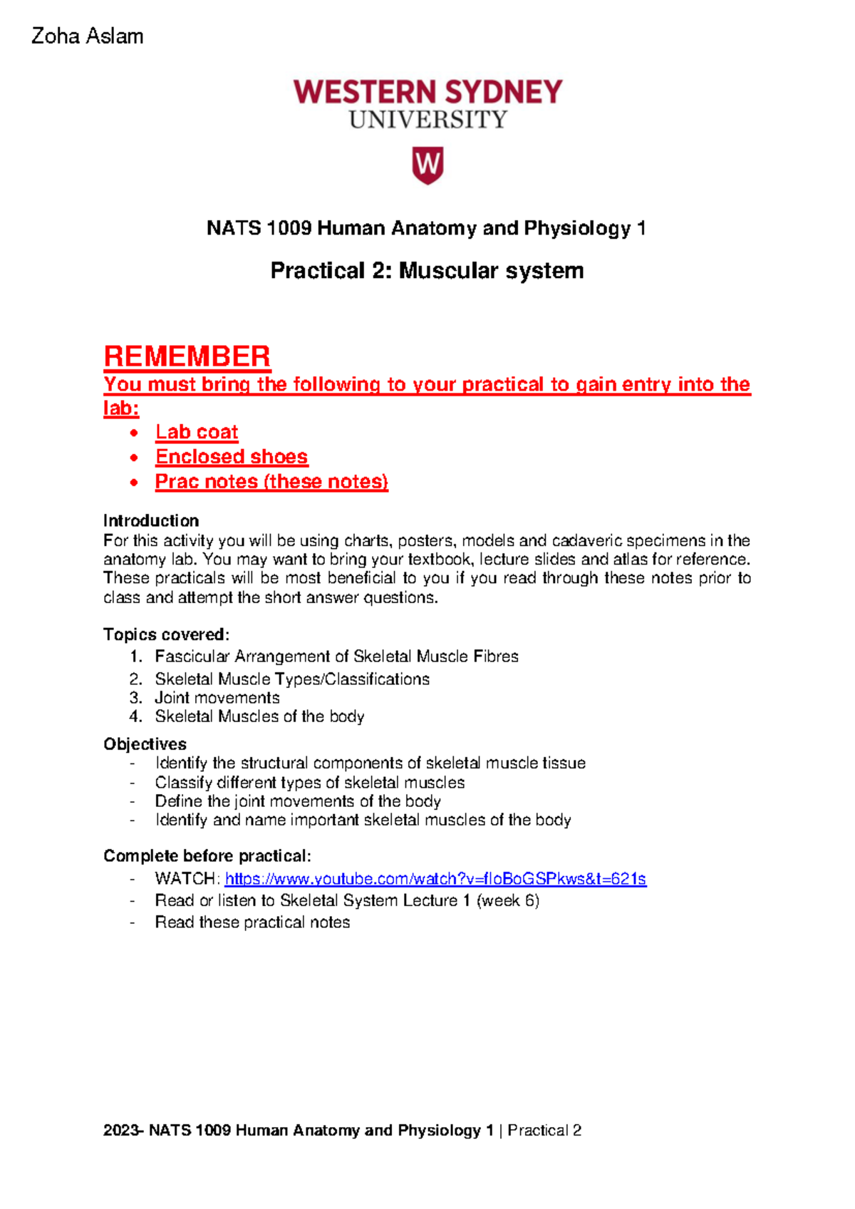 Practical 2 - Muscular system (student) - NATS 1009 Human Anatomy and ...