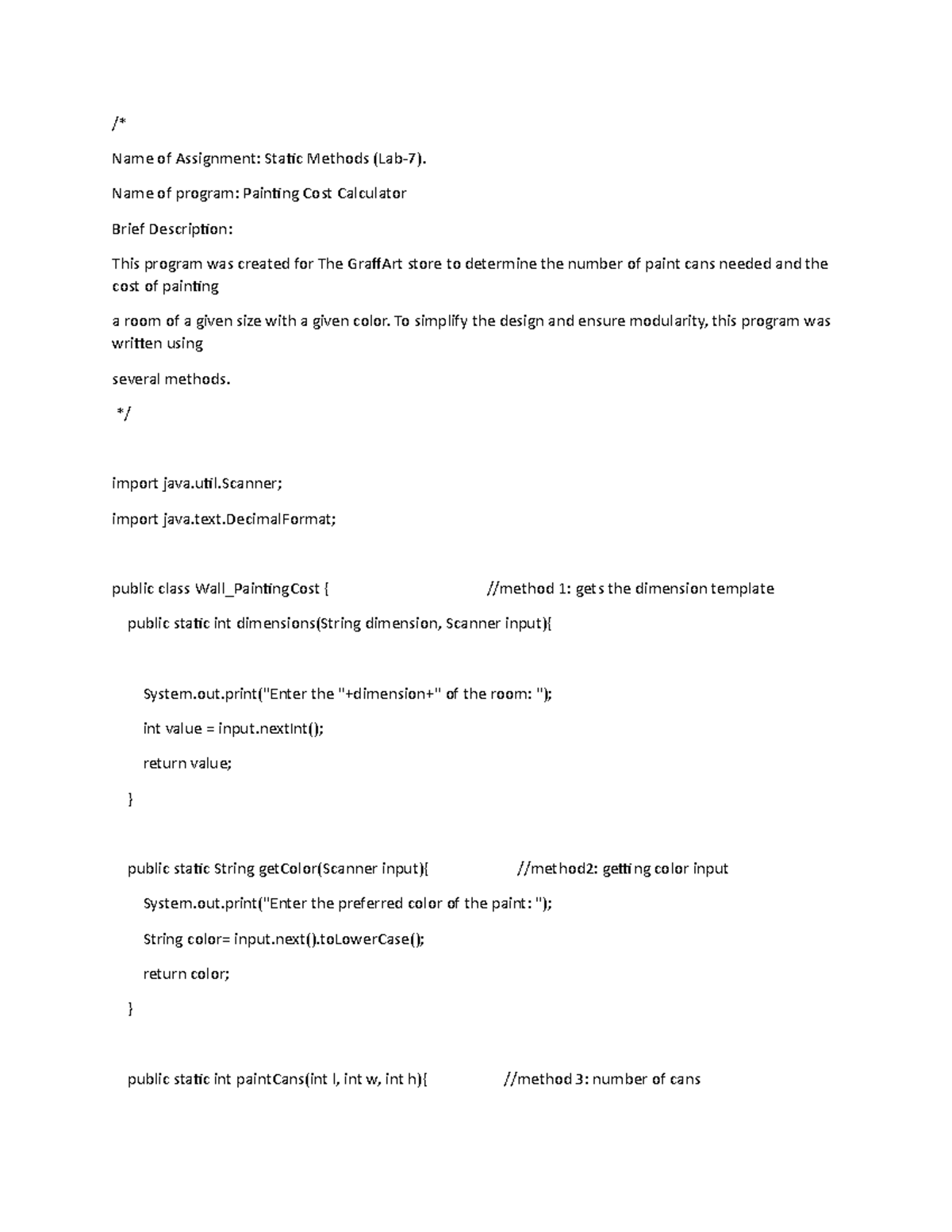 Lab Wall Painting - Code - /* Name of Assignment: Static Methods (Lab-7 ...