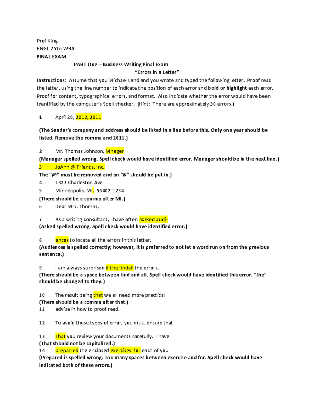 Final Part One Proof Lttr - Prof King ENGL 2516 WBA FINAL EXAM PART One – Business Writing Final ...
