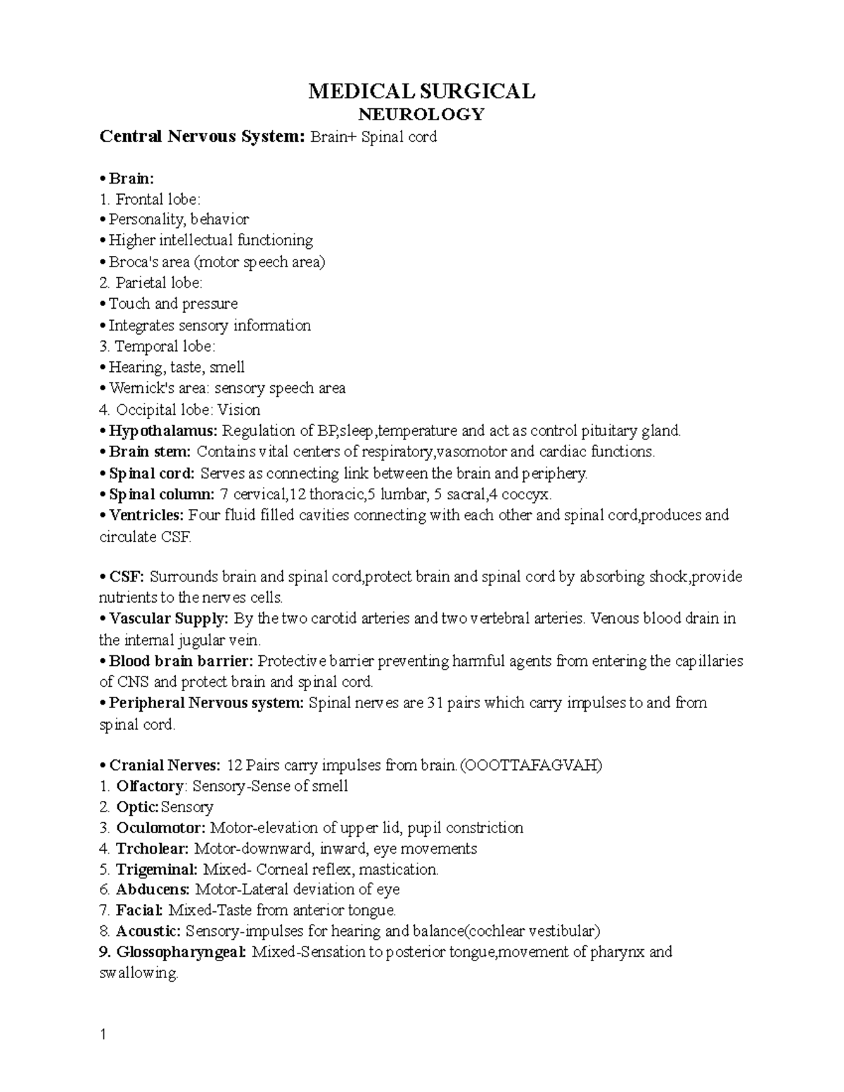 Neurology - MEDICAL SURGICAL NEUROLOGY Central Nervous System: Brain+ ...