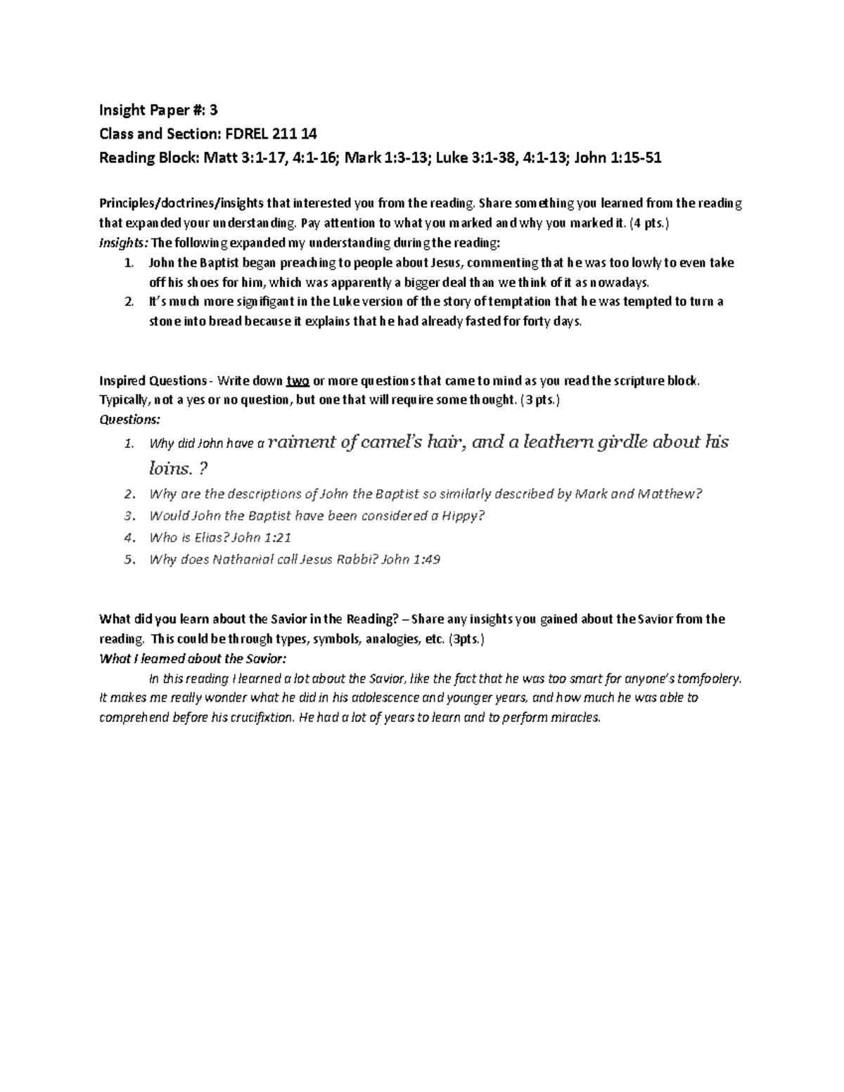 3 Insight Paper - For the class of Brother Parker. - Insight Paper 3 ...