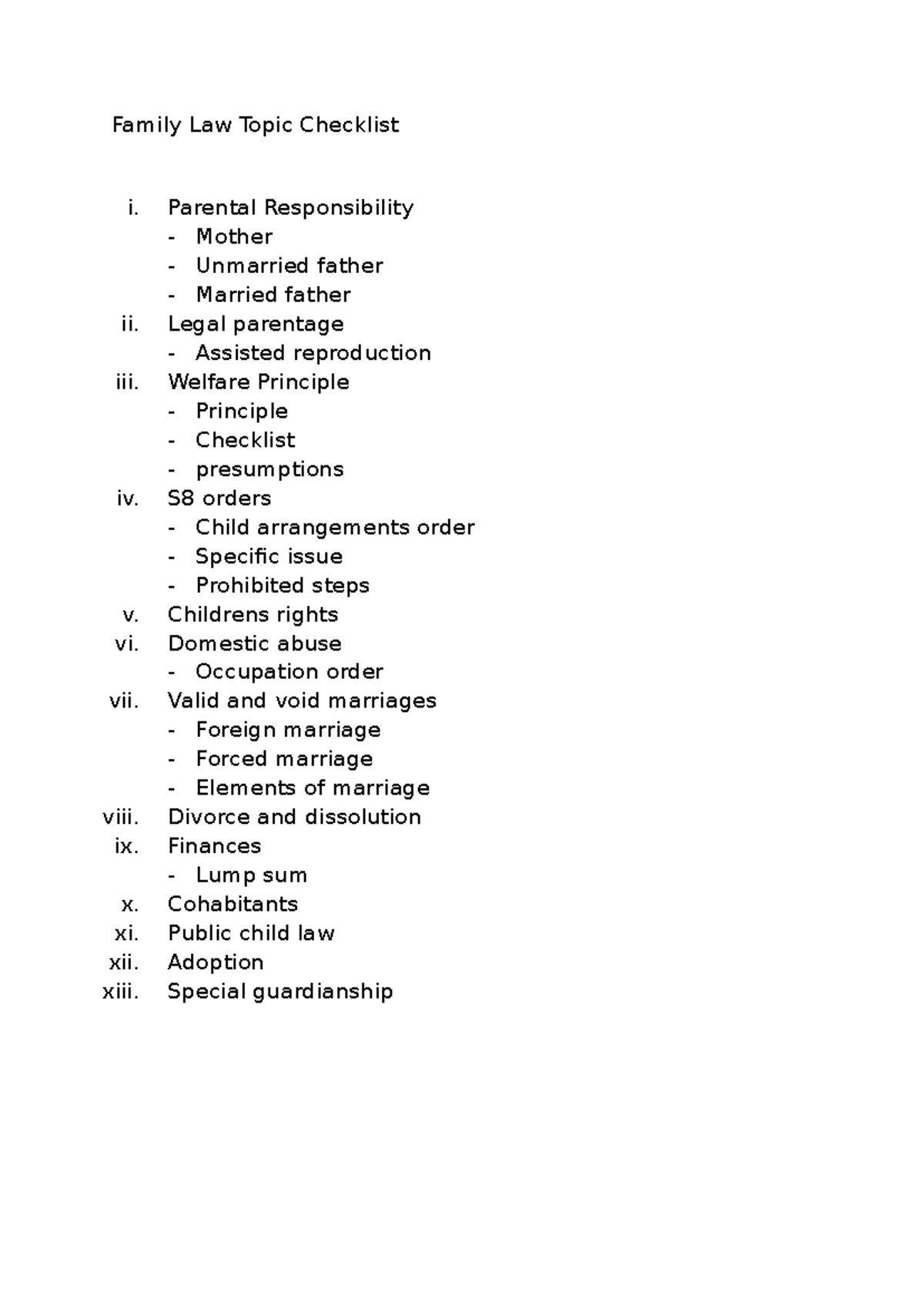 Family topic list - Family Law Topic Checklist i. Parental ...