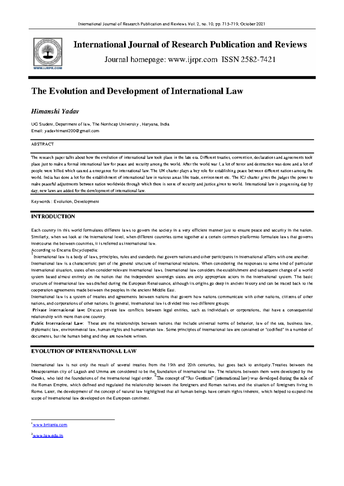 The Evolution and Development of International Law - International ...