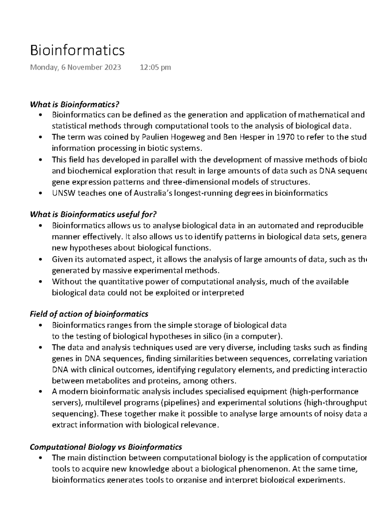Bioinformatics Lecture Notes What Is Bioinformatics Bioinformatics Can Be Defined As The