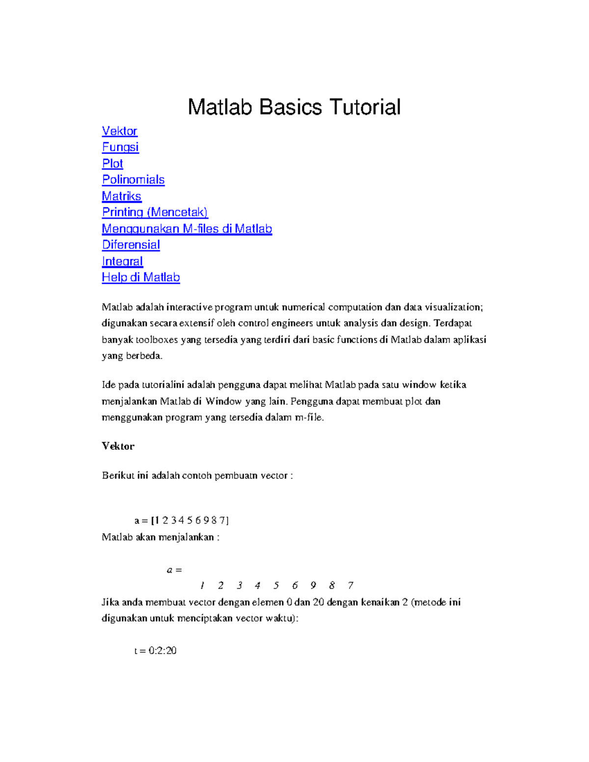Tutorial Matlab Matlab Basics Tutorial Vektor Fungsi Plot Polinomials Matriks Printing