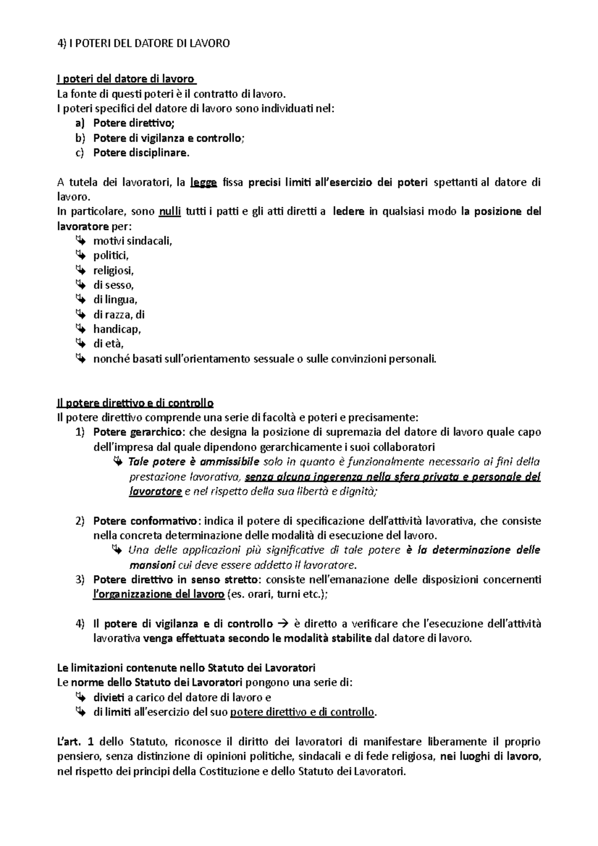 4) Poteri DEL Datore DI Lavoro - 4) I POTERI DEL DATORE DI LAVORO I ...