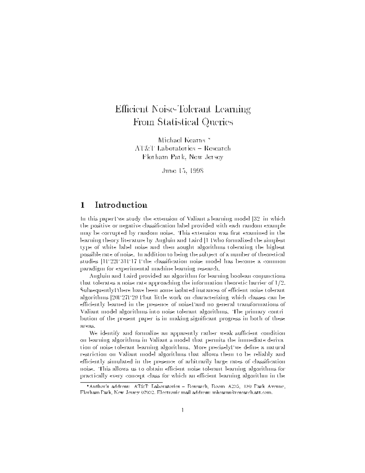 Efficient Noise Tolerant Learning From Statistical Queries E Cientnoise Tolerant Learning