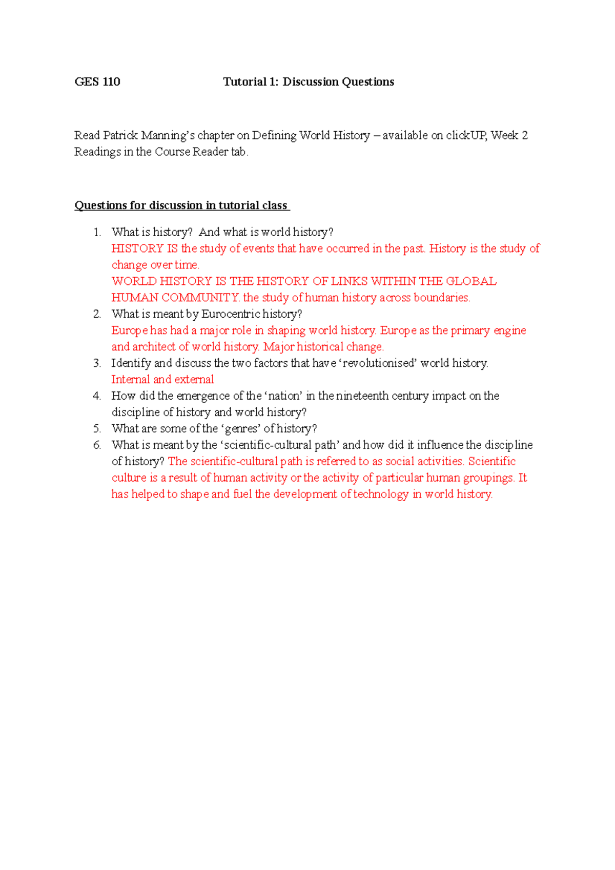 GES 110Tutorial 1 - Assignment - GES 110 Tutorial 1: Discussion Questions Read Patrick Manning’s ...