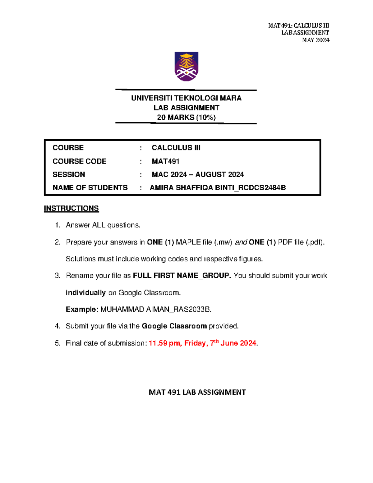 LAB Assignment MAT491 V2 (1) Amira Shaffiqa - LAB ASSIGNMENT MAY 2024 ...